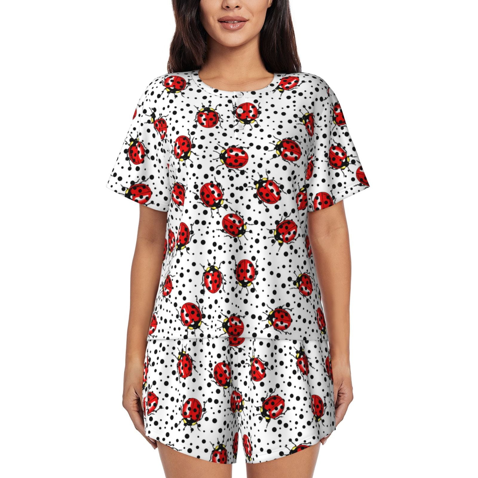 KLL Red Ladybugs On Black Dotted Print Pajama Set for Women Short Sleeve Sleepwear Pjs Soft 2 ...