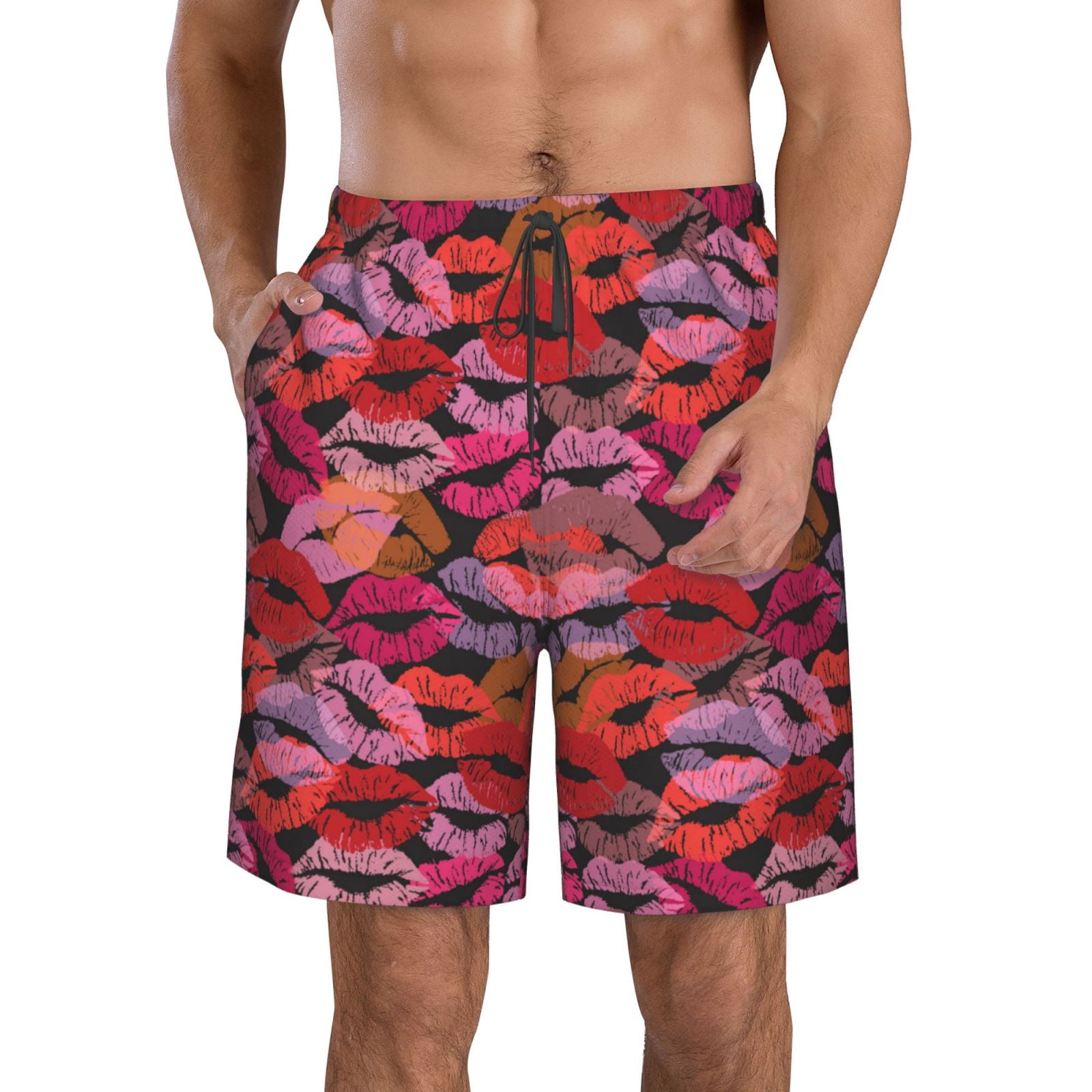 KLL Red Lips Kissing Men's Casual Summer Beach Shorts Hawaiian Shorts ...