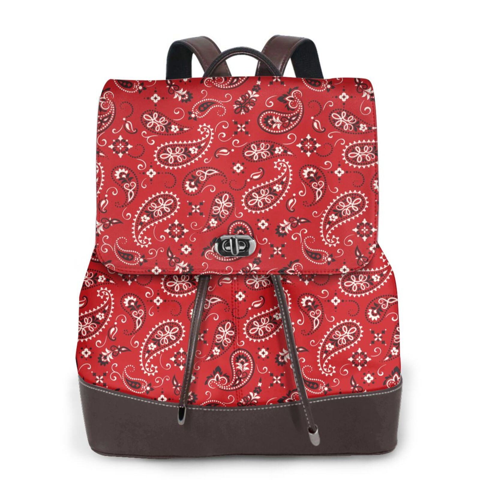 KLL Red Paisley Floral Print Leather Backpack,PU Leather Laptop ...