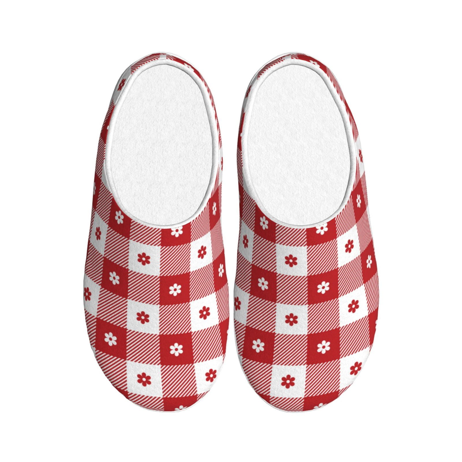 KLL Red Plaid Daisy Pattern Adult Unisex Cozy Slippers,Fuzzy Slip-on ...