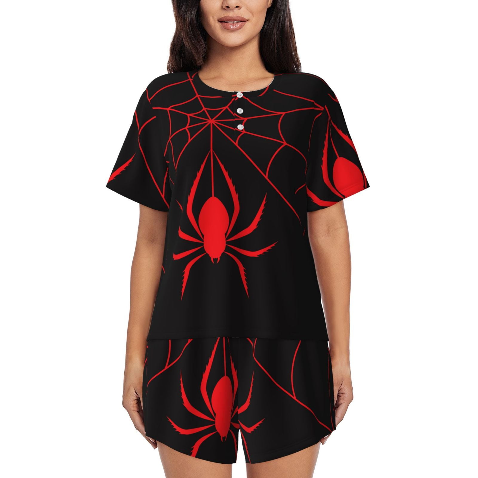 KLL Red Spider Print Pajama Set for Women Short Sleeve Sleepwear Pjs Soft 2 Piece Lounge ...