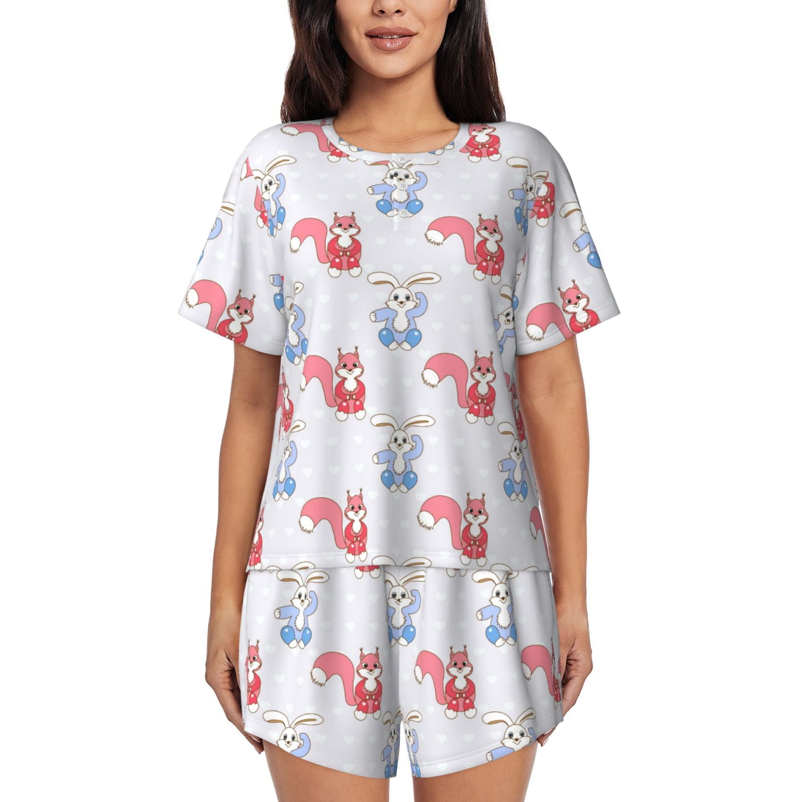KLL Red Squirrel And Blue Rabbit Print Pajama Set for Women Short Sleeve Sleepwear Pjs Soft 2 ...