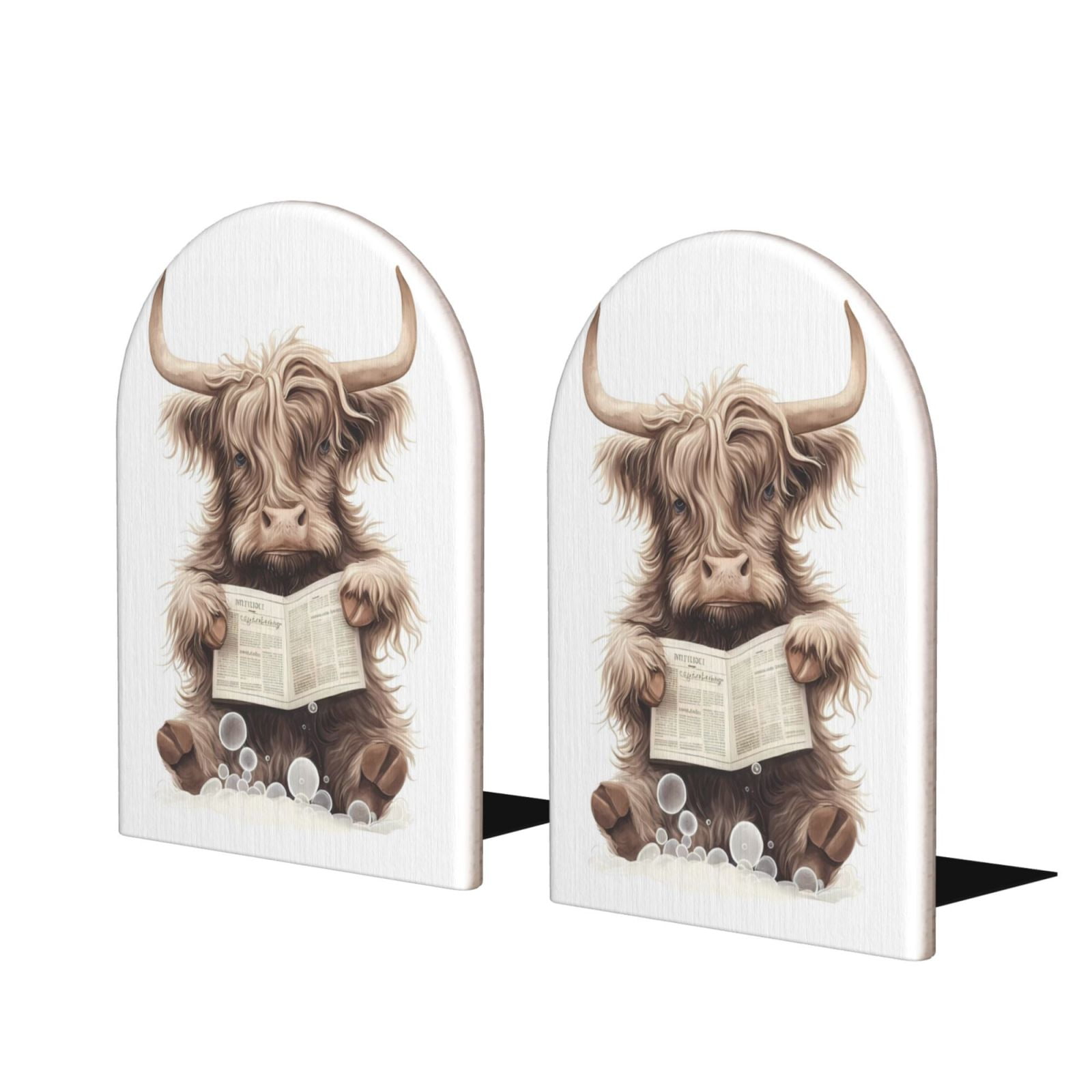 KLL Relaxed Cute Cow Reading Print Wood Book Ends for Shelves,1 Pair ...