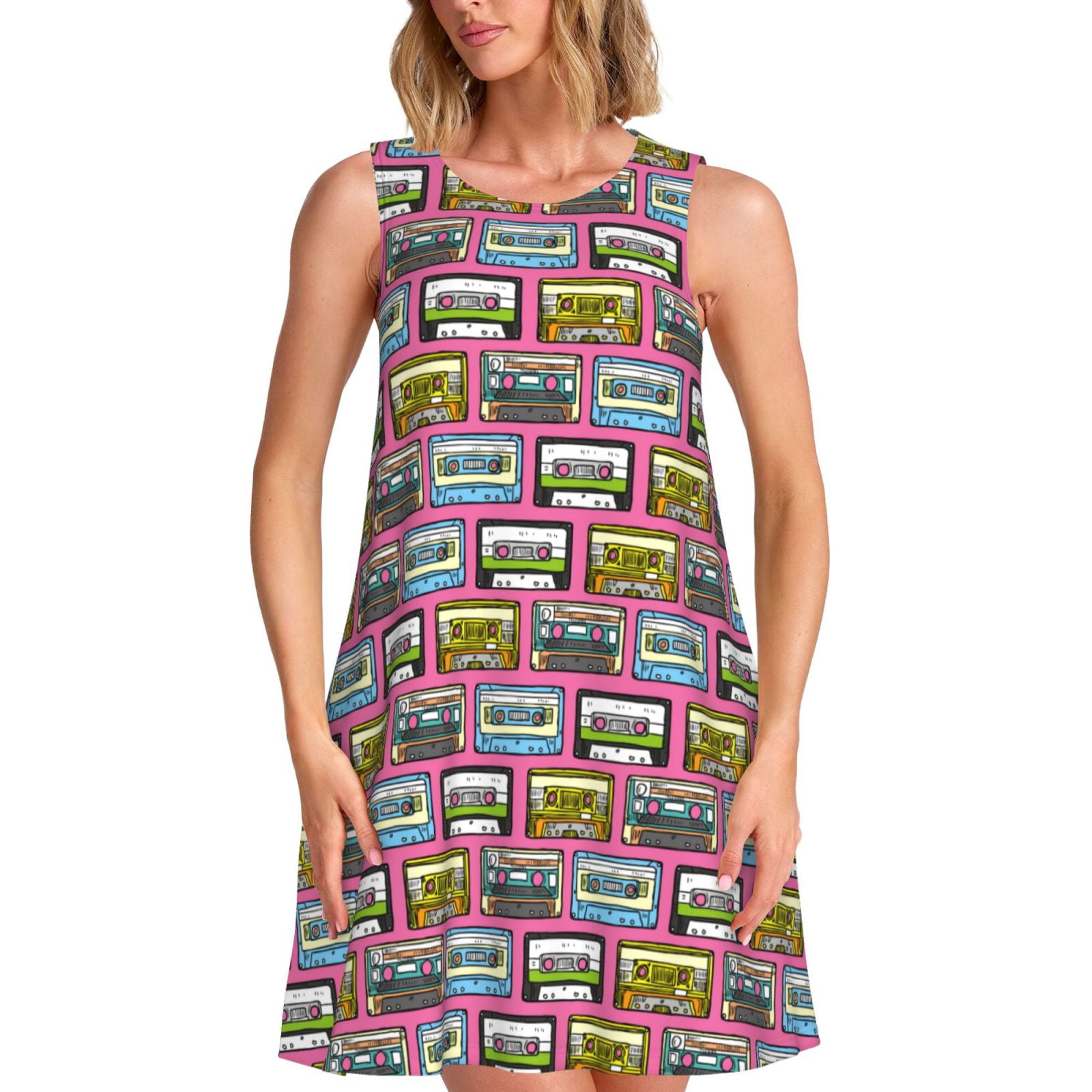KLL Retro Cassette Pattern Womens Summer Dresses 2025,Loose Round Neck ...
