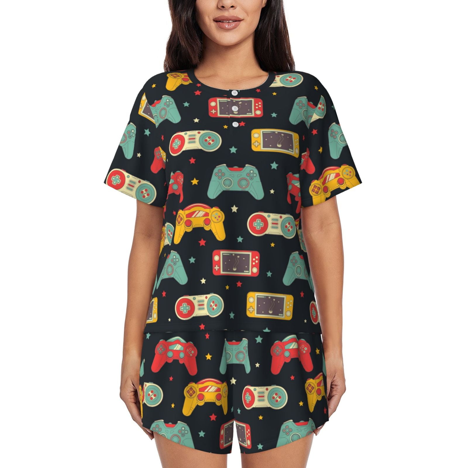 KLL Retro Video Game Print Pajama Set for Women Short Sleeve Sleepwear Pjs Soft 2 Piece Lounge ...