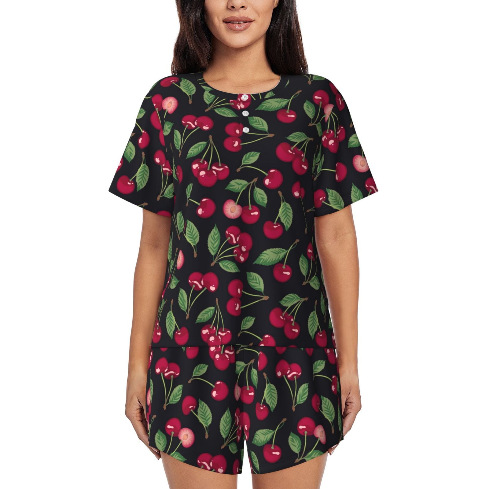 KLL Ripe Red Cherry Print Pajama Set for Women Short Sleeve Sleepwear Pjs Soft 2 Piece Lounge ...