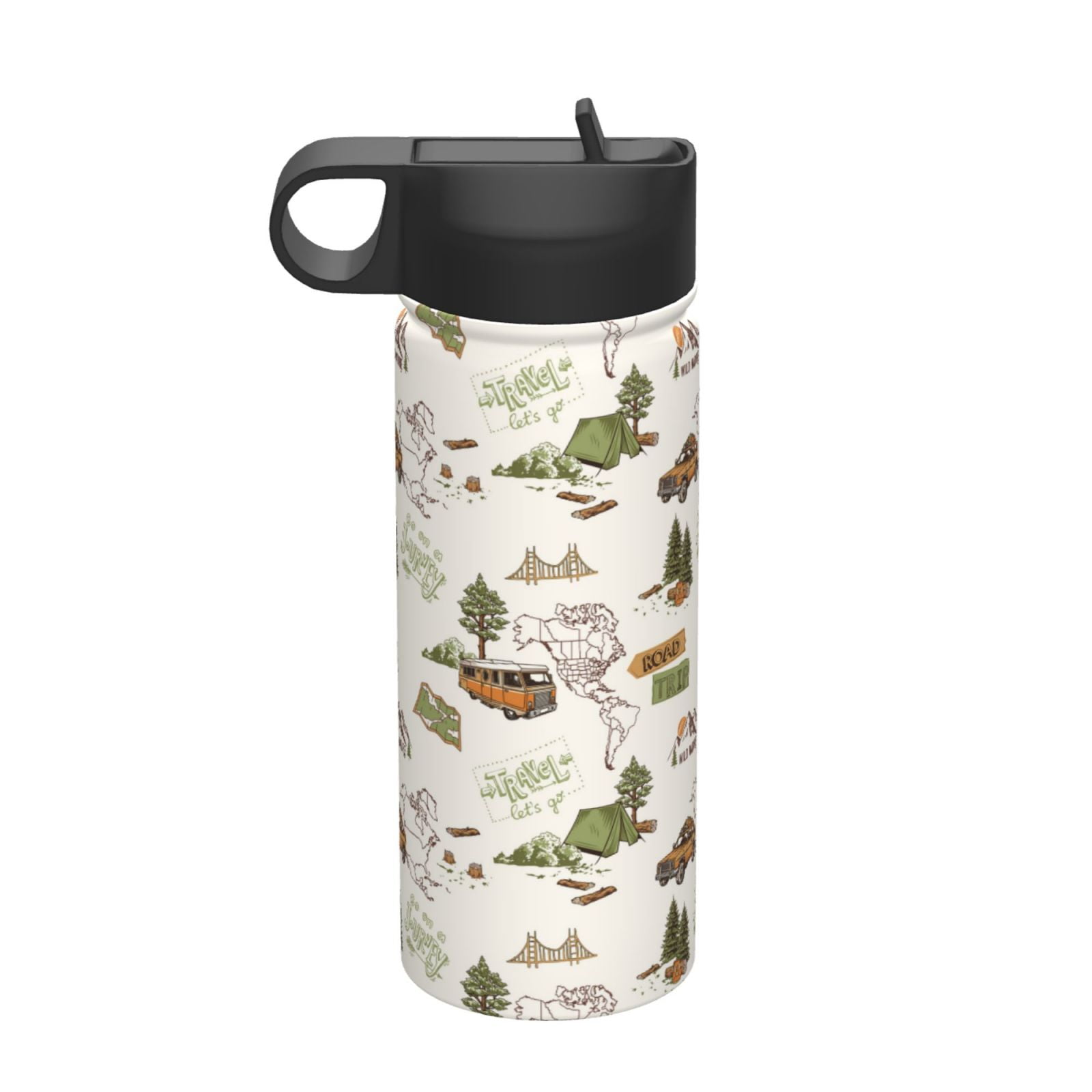 KLL Road Trip Pattern 18OZ Water Bottle With Straw,Stainless Steel Sports Water Cup Flask Sports ...