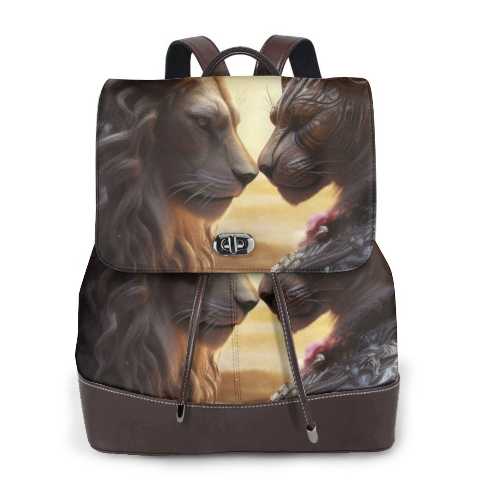 KLL Romantic Flower Lion Couple Print Leather Backpack,PU Leather ...