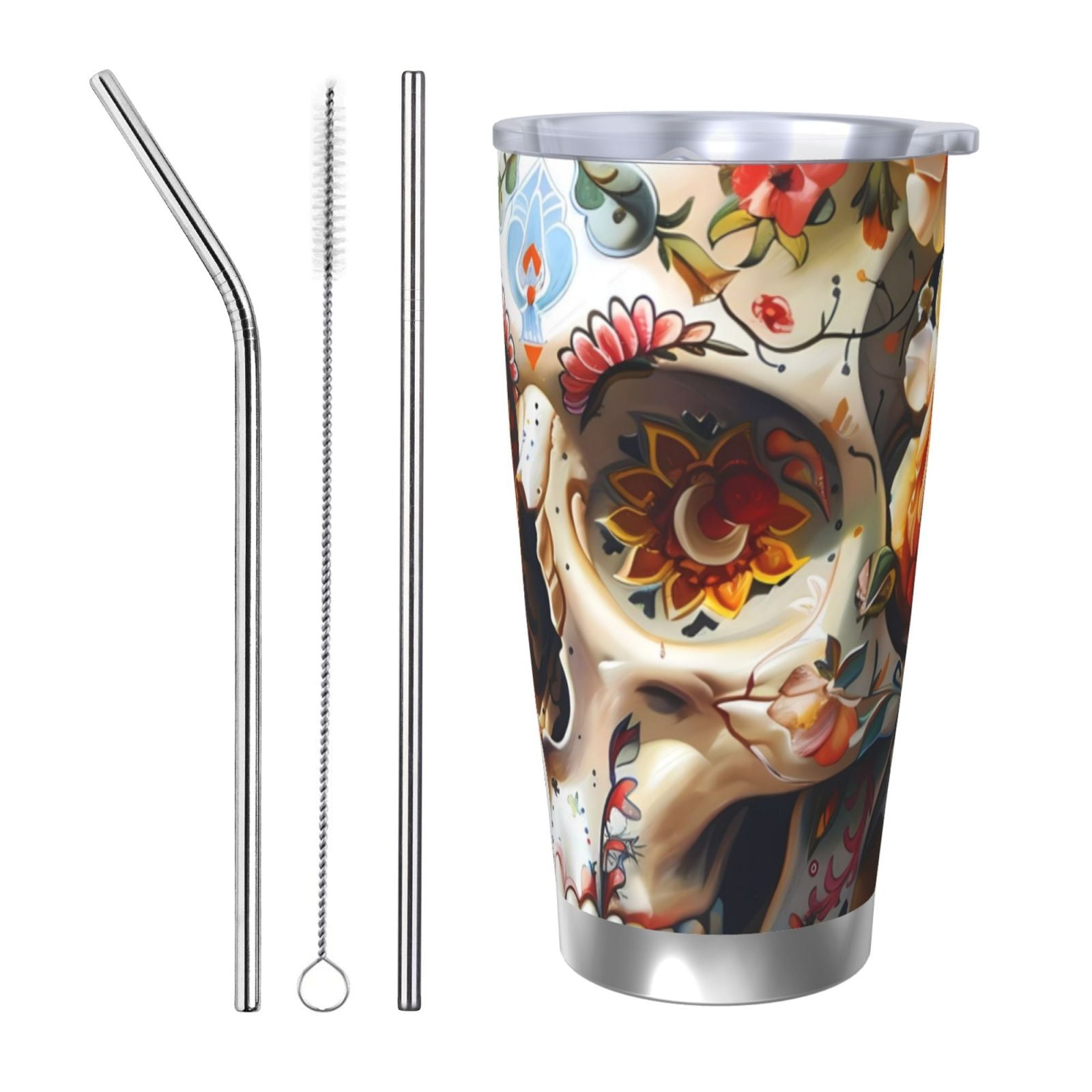 KLL Rose Floral Skull Print 40oz Stainless Steel Insulated Car Cup with ...