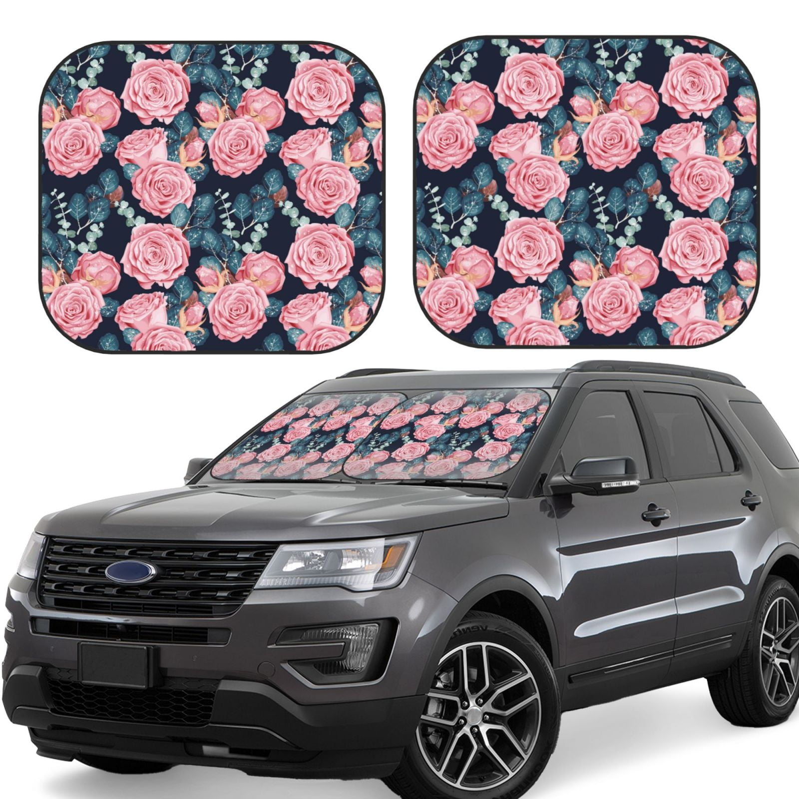 KLL Rose Flowers Windshield Sun Shade 2-Piece Foldable Car Front Window ...
