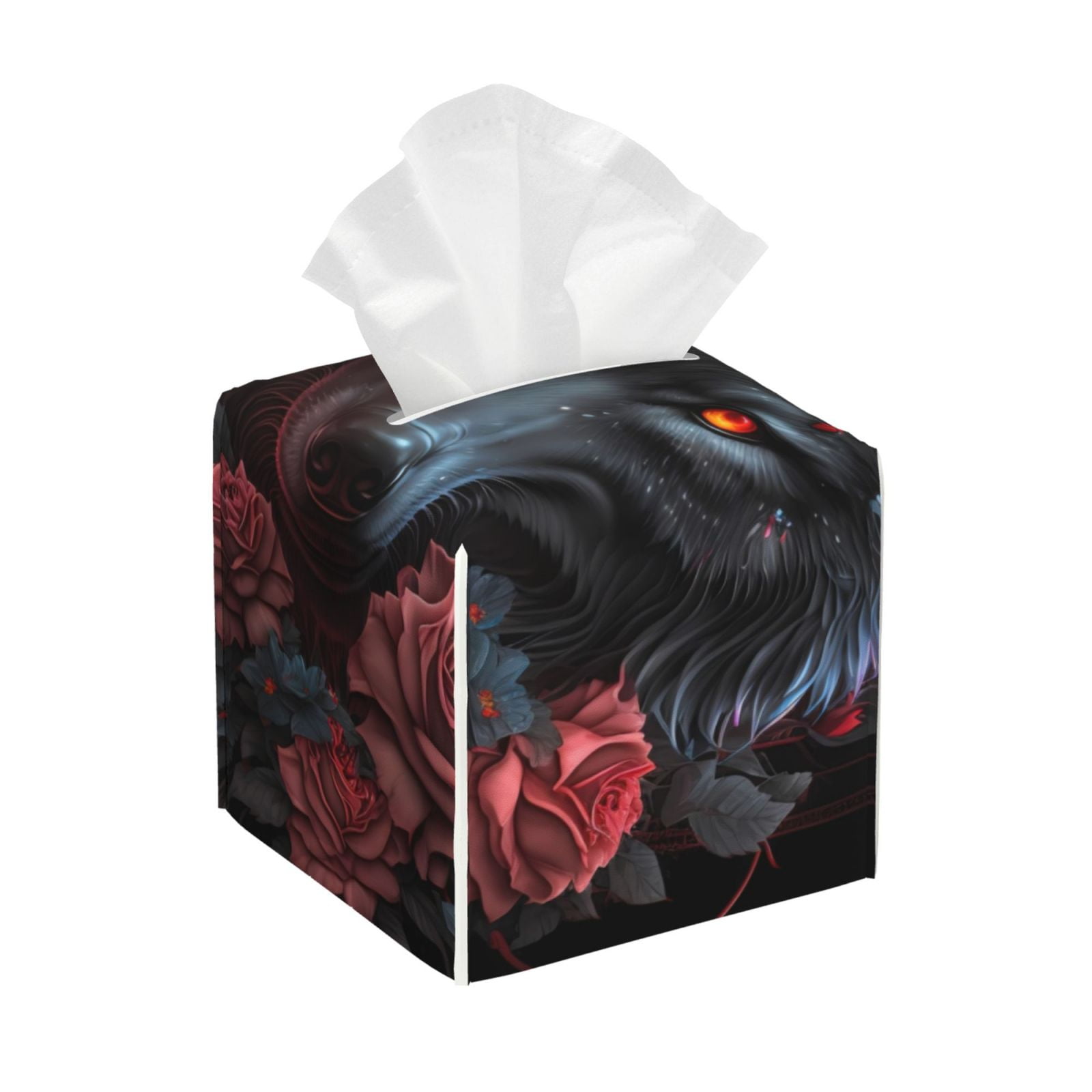 KLL Rose Full Moon Black Wolf Print Tissue Box Cover,Leather Tissue Holder Square Facial Tissue ...
