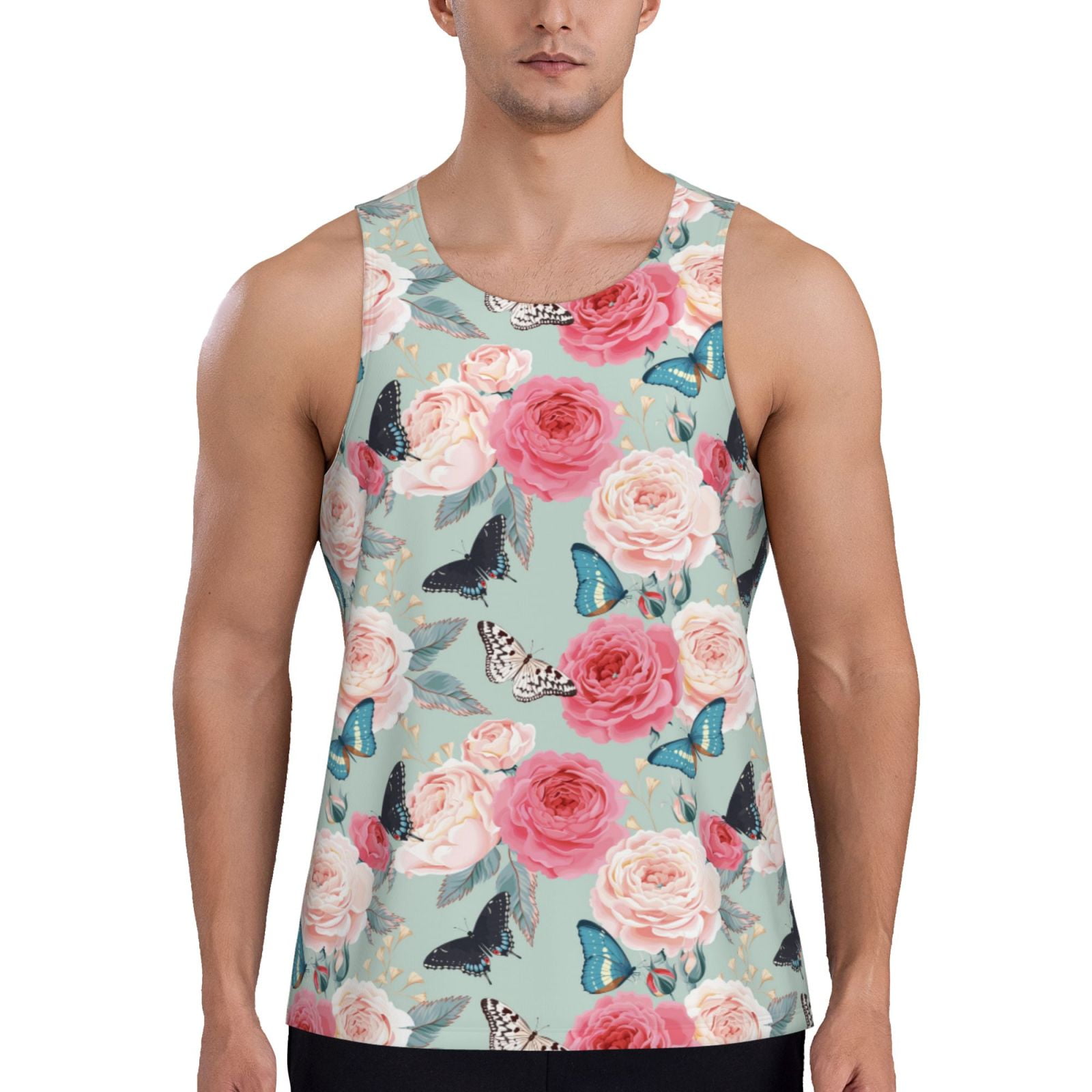 KLL Roses and Butterflies Print Men's Muscle Gym Workout Stringer Tank ...