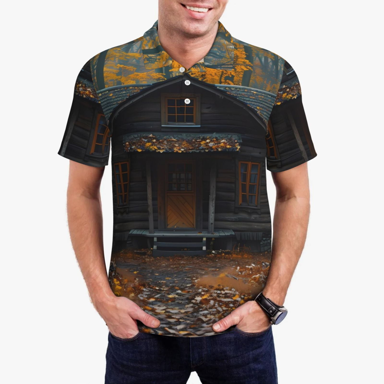 KLL Rustic Cabin Autumn Forest Print Men's Short Sleeve Golf Polo,Three ...