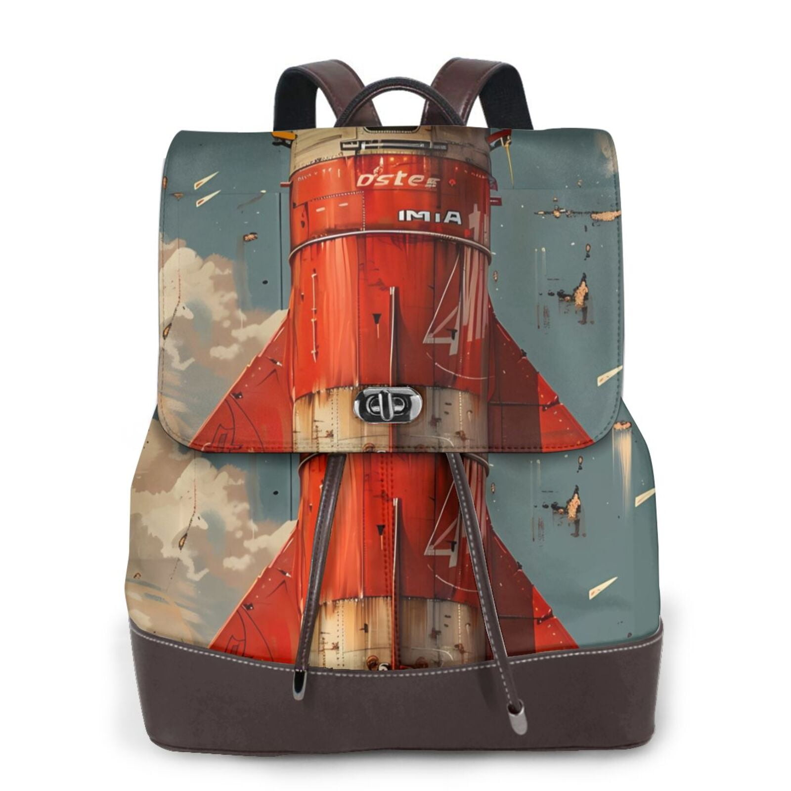 KLL Rusty Rocket Launch Print Leather Backpack,PU Leather Laptop ...