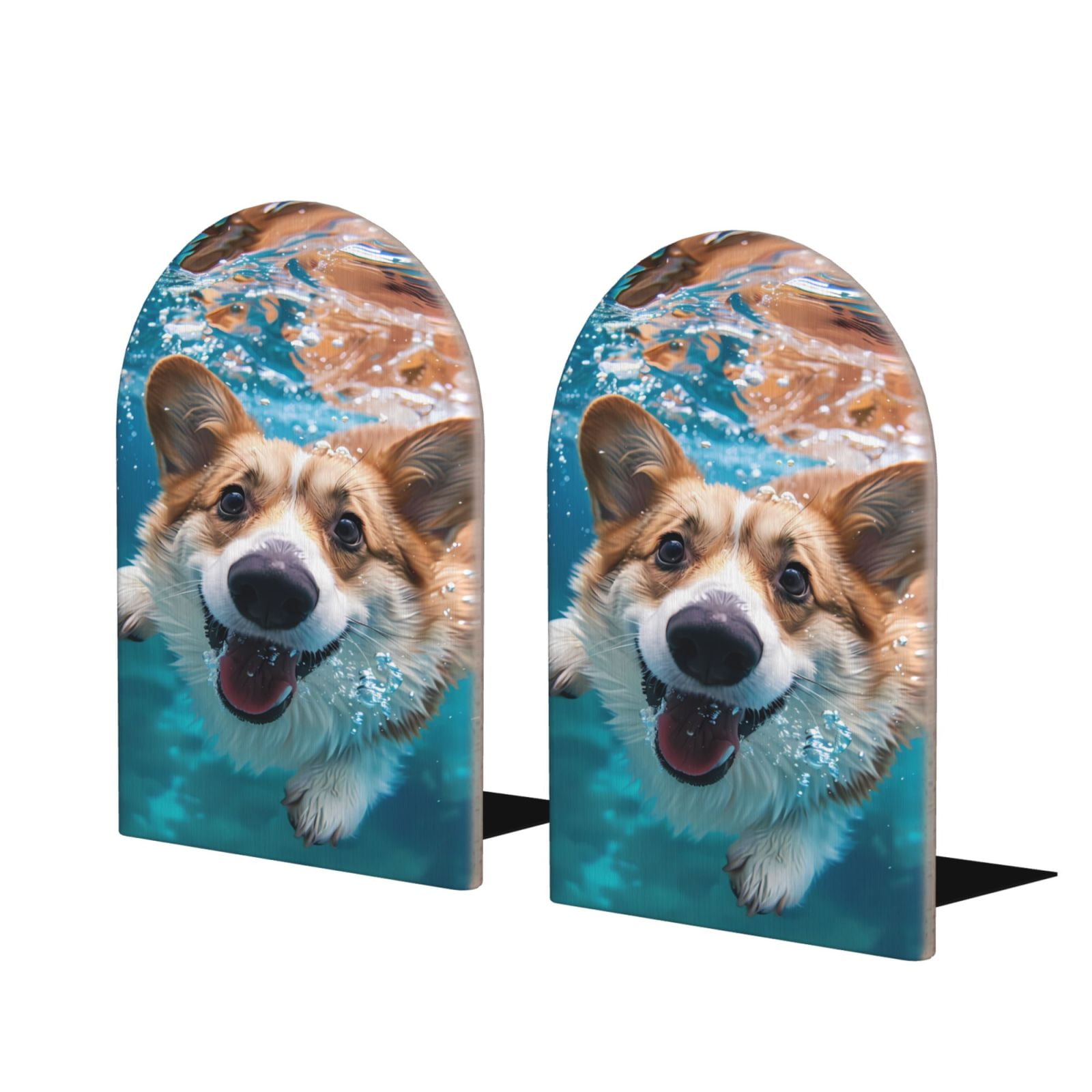 KLL Sea Swimming Corgi Print Wood Book Ends for Shelves,1 Pair Wood ...