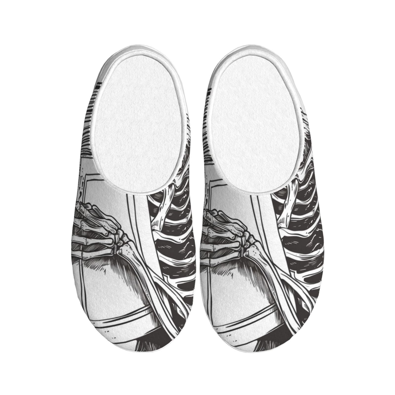 KLL Skeleton Book Lover Pattern Adult Unisex Cozy Slippers,Fuzzy Slip ...