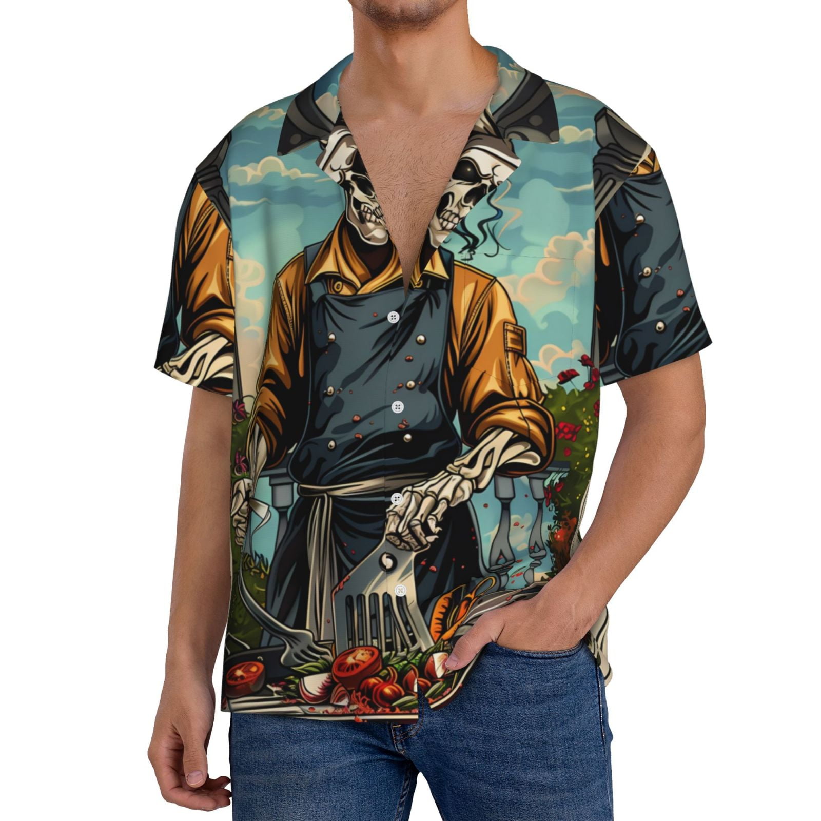 KLL Skeleton Chef BBQ Scene Print Men's Shirt Short Sleeve Button Down ...