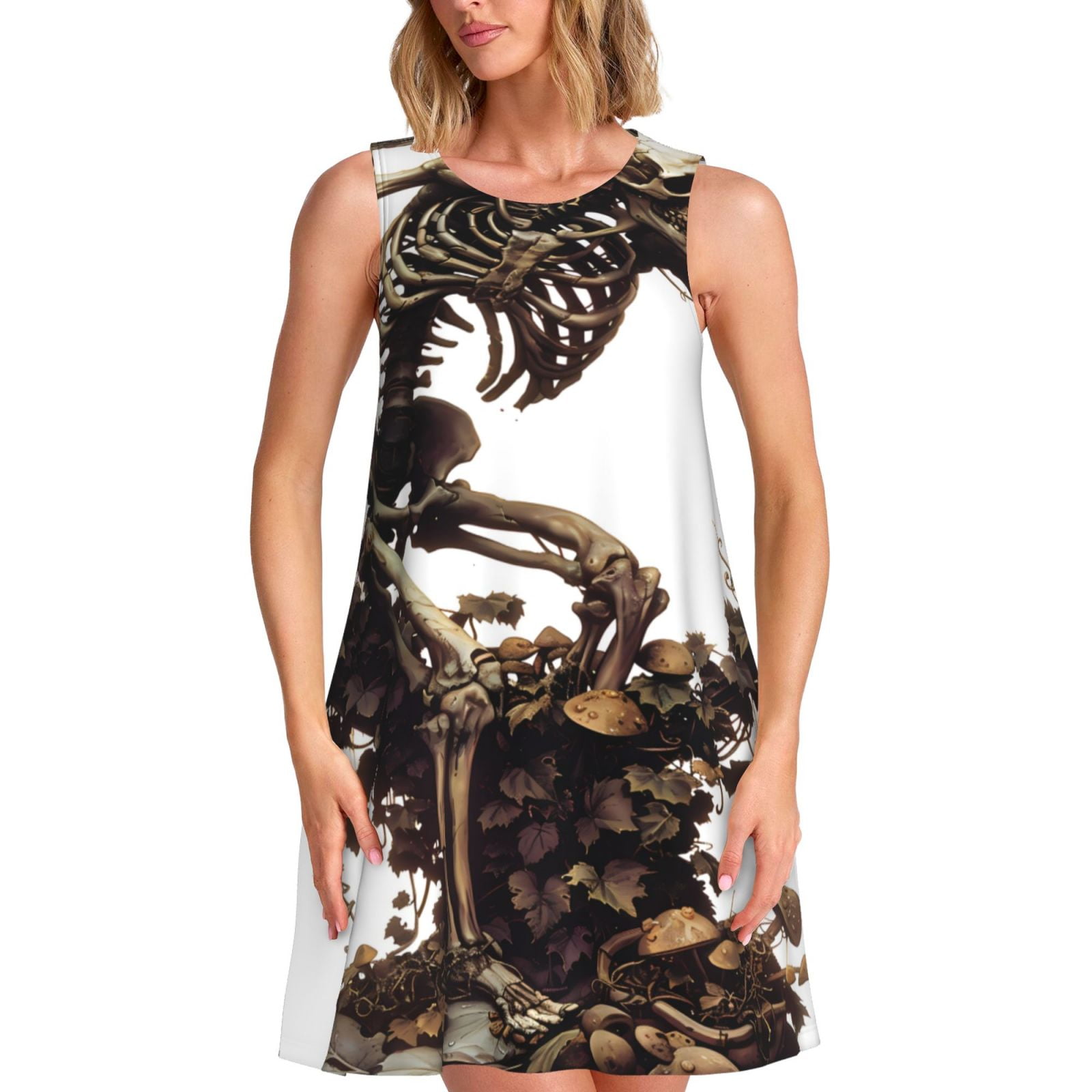 KLL Skeleton Dance with Mushrooms Pattern Womens Summer Dresses 2025,Loose Round Neck Sleeveless ...