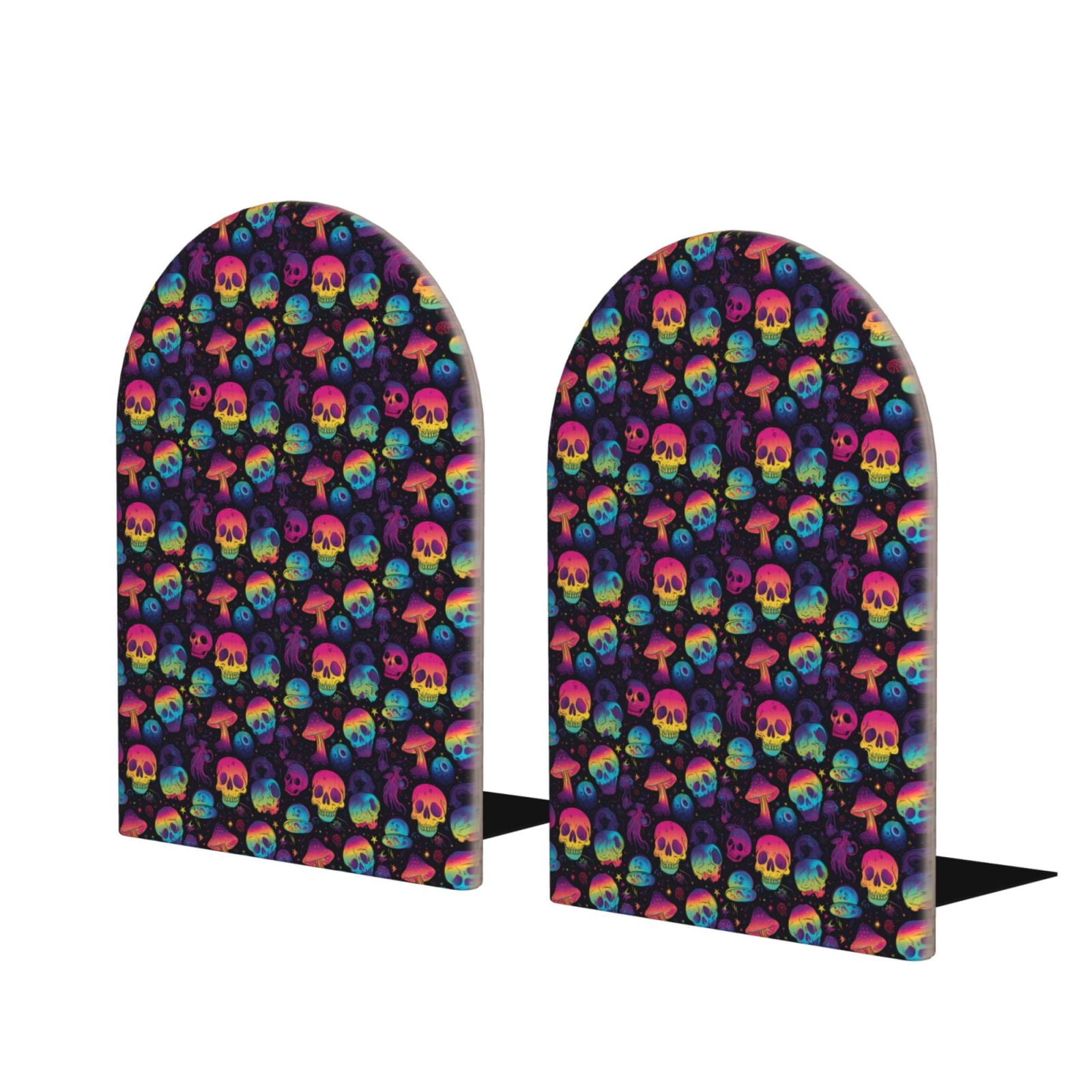 KLL Skull mushroom colorful Print Wood Book Ends for Shelves,1 Pair ...