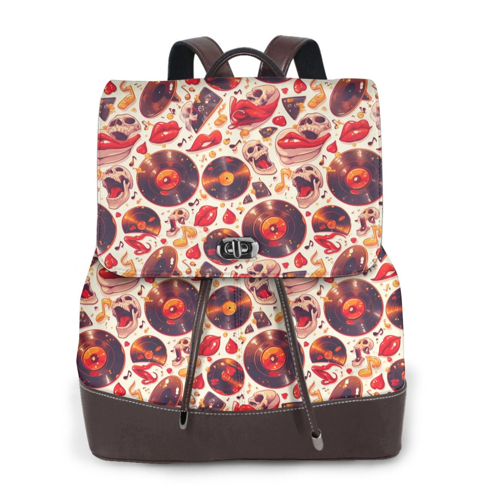 KLL Skull rock record music heart Print Leather Backpack,PU Leather ...