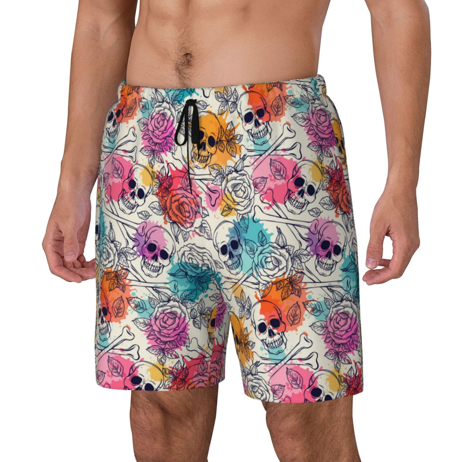 KLL Skulls and Roses for Mens Swim Trunks Quick Dry Swim Shorts with ...