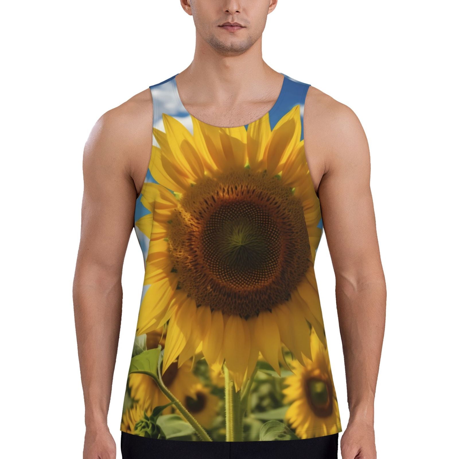 KLL Sky Golden Sunflower Field Print Men's Muscle Gym Workout Stringer ...