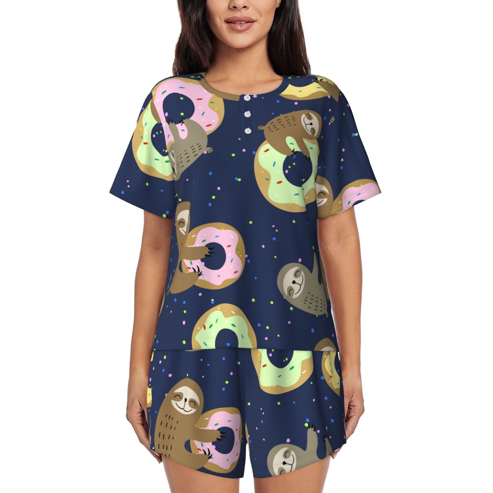 KLL Sloth with Donuts Print Pajama Set for Women Short Sleeve Sleepwear ...