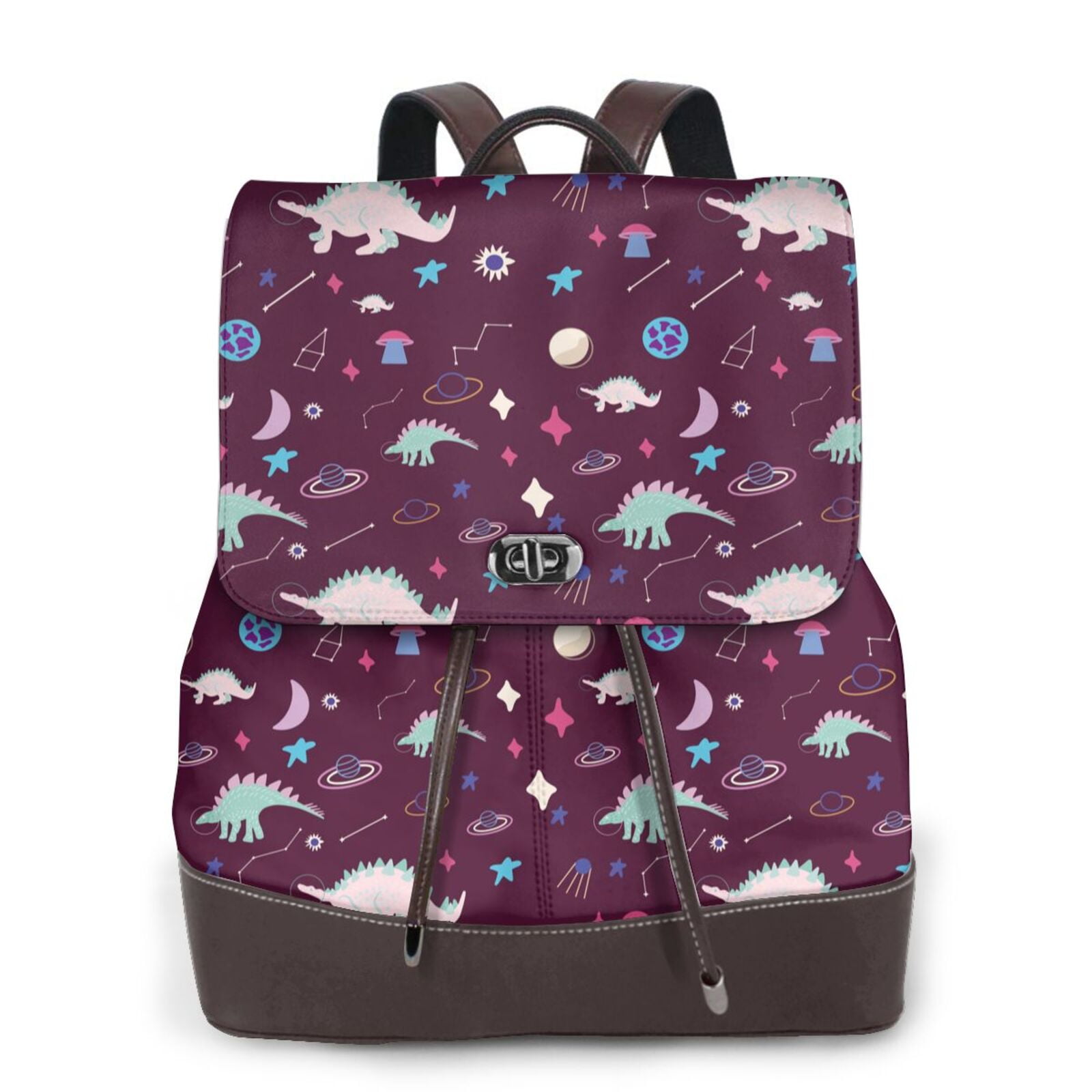 KLL Space Dinosaur Print Leather Backpack,PU Leather Laptop Backpack ...