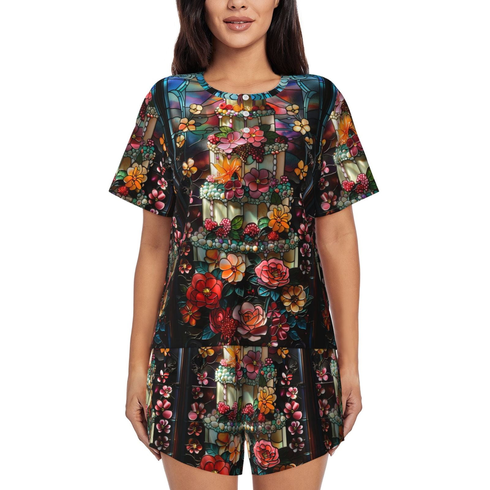 KLL Stained Glass Floral Cake Print Pajama Set for Women Short Sleeve ...