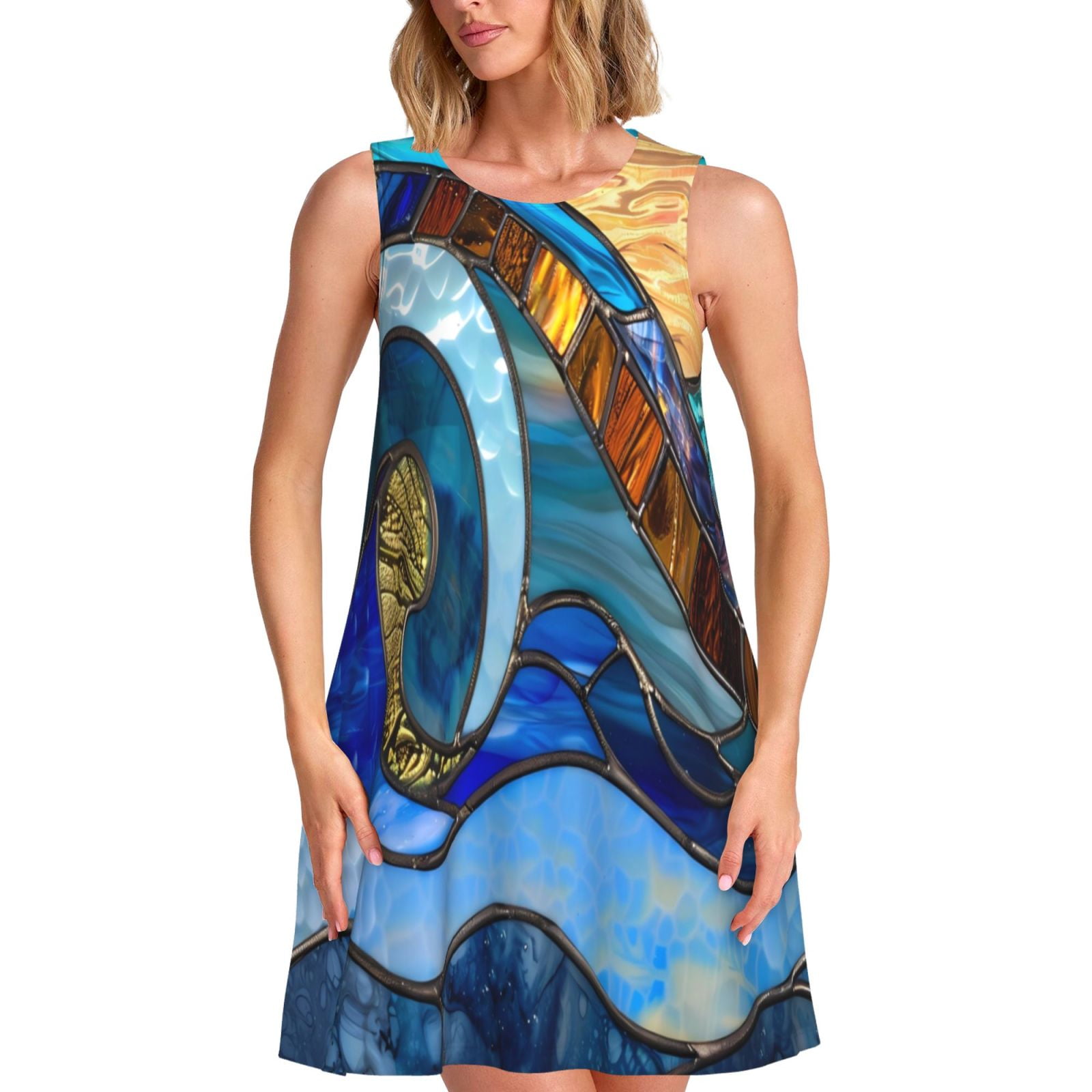 KLL Stained Glass Ocean Wave Pattern Womens Summer Dresses 2025,Loose ...