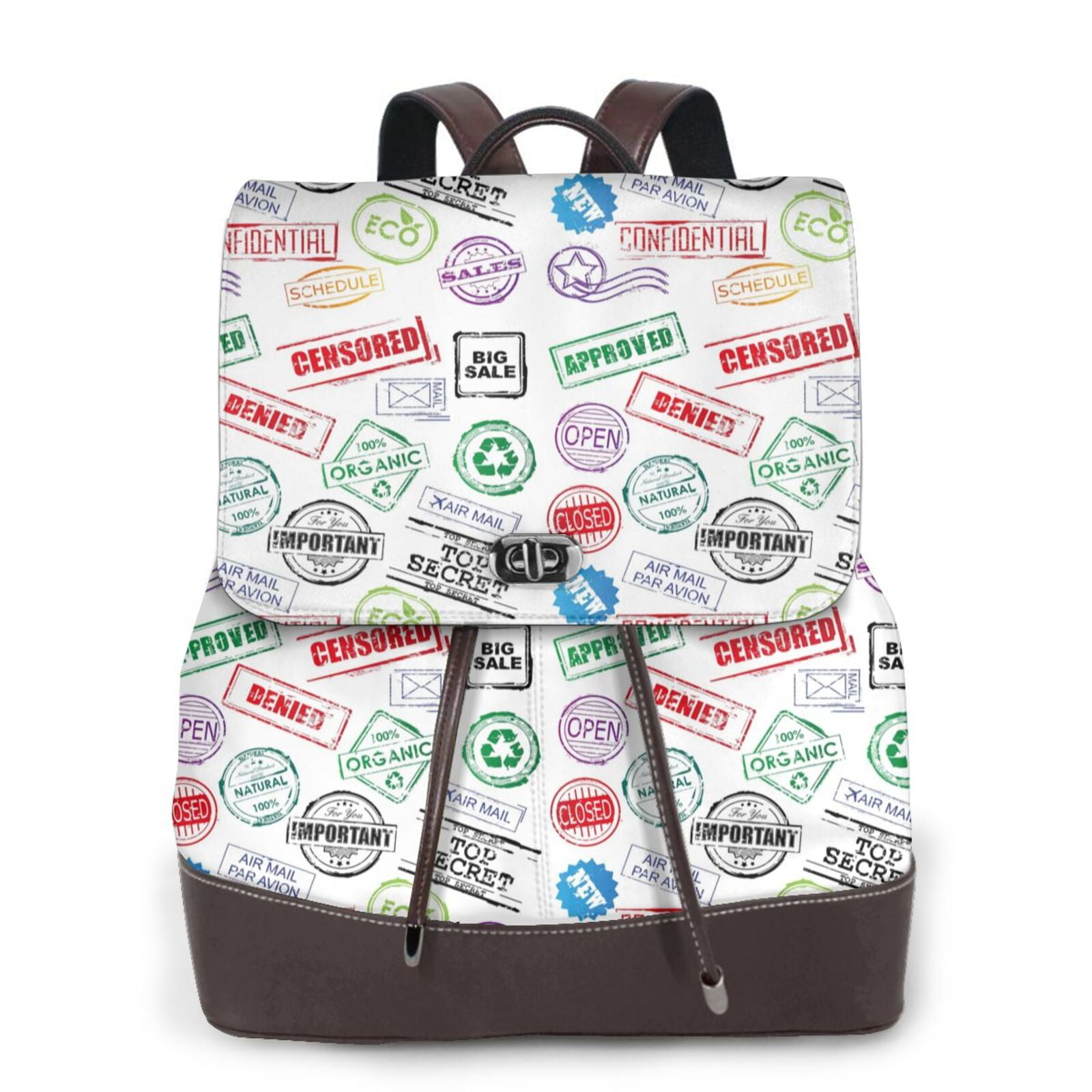 KLL Stamp Set Collection Print Leather Backpack,PU Leather Laptop ...