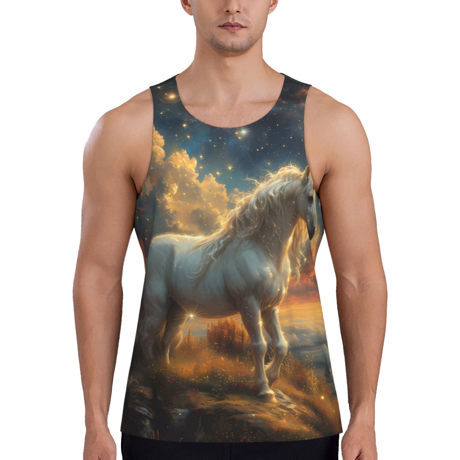 KLL Starry Sky White Horse Print Men's Muscle Gym Workout Stringer Tank ...