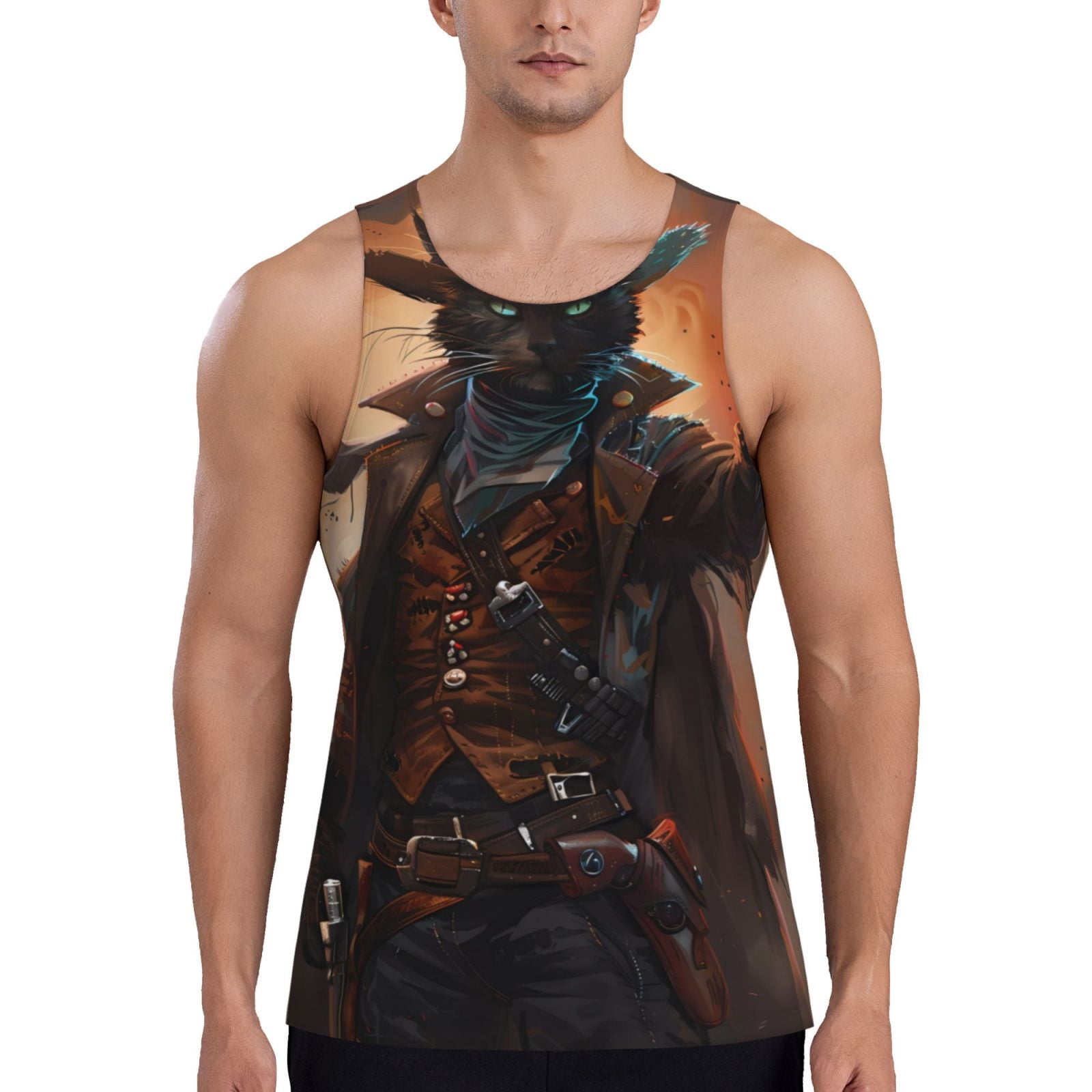 KLL Steampunk Cowboy Cat Print Men's Muscle Gym Workout Stringer Tank ...