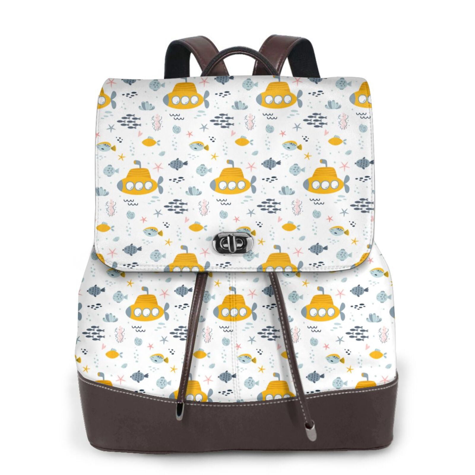 KLL Submarine Ship Print Leather Backpack,PU Leather Laptop Backpack ...