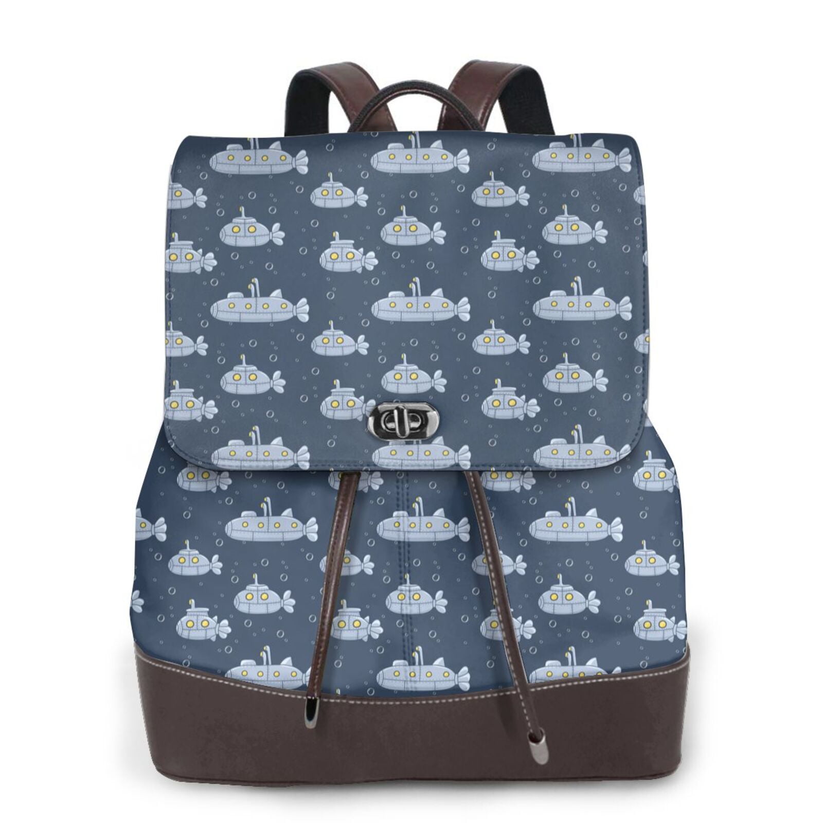 KLL Submarine With Periscope Print Leather Backpack,PU Leather Laptop ...