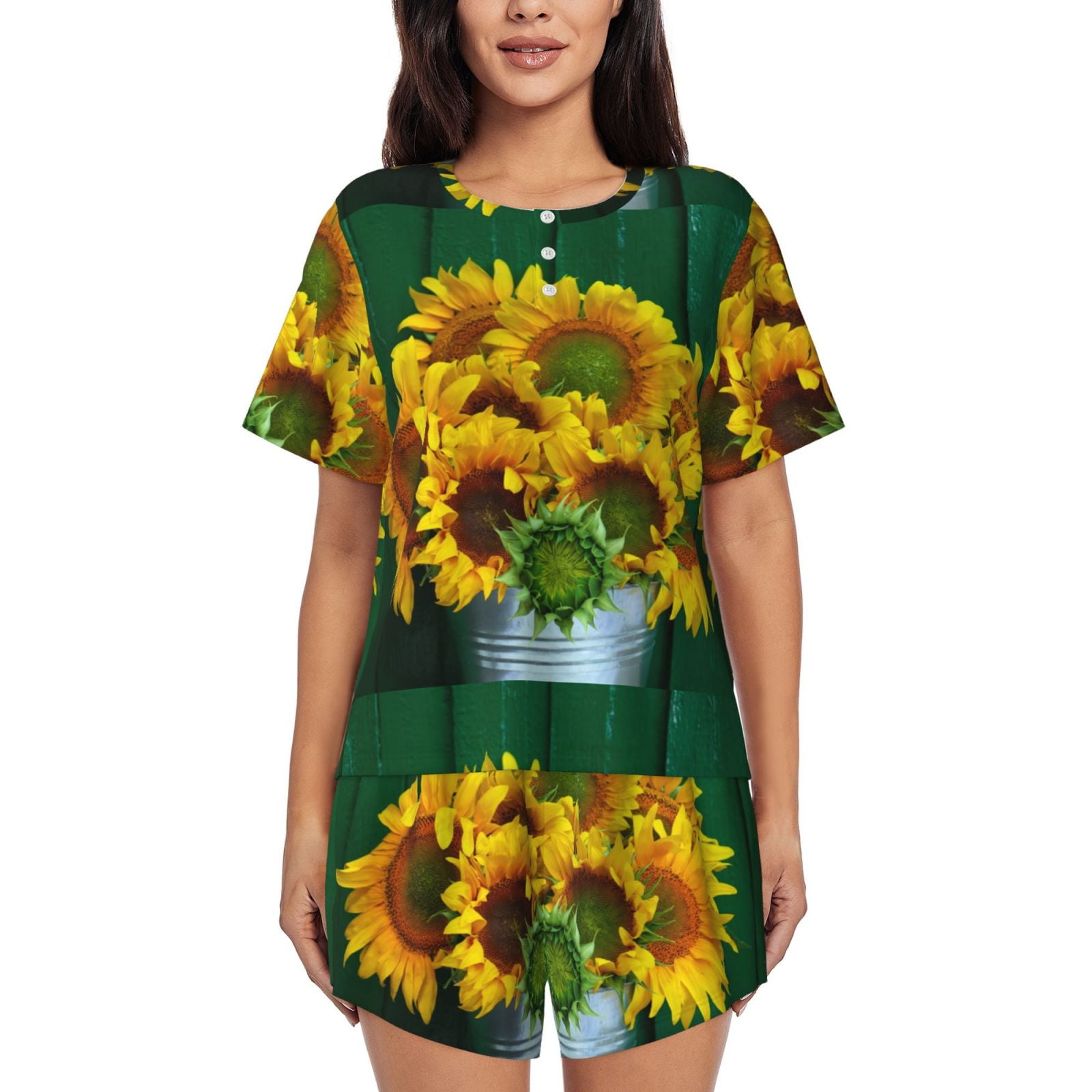 KLL Sunflowers in Bucket Print Pajama Set for Women Short Sleeve ...