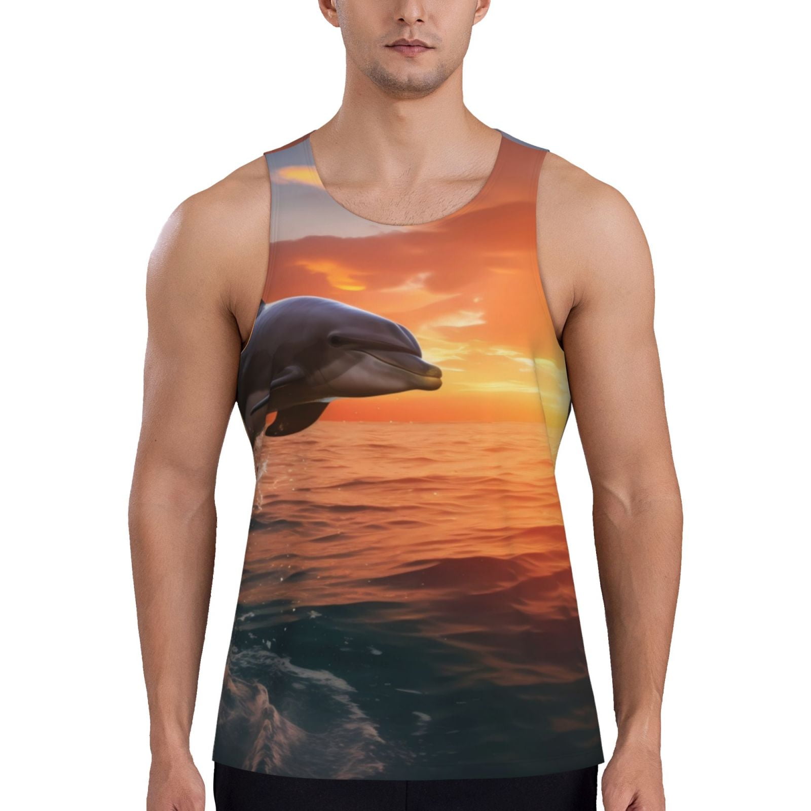 KLL Sunset Dancing Dolphin B Print Men's Muscle Gym Workout Stringer ...