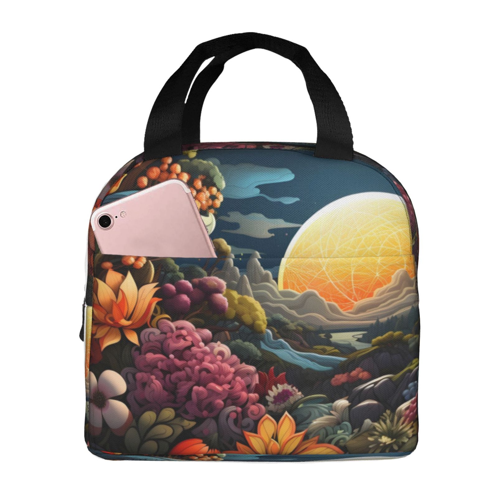 KLL Sunset Floral Fantasy Landscape Print Insulated Lunch Bag Women ...