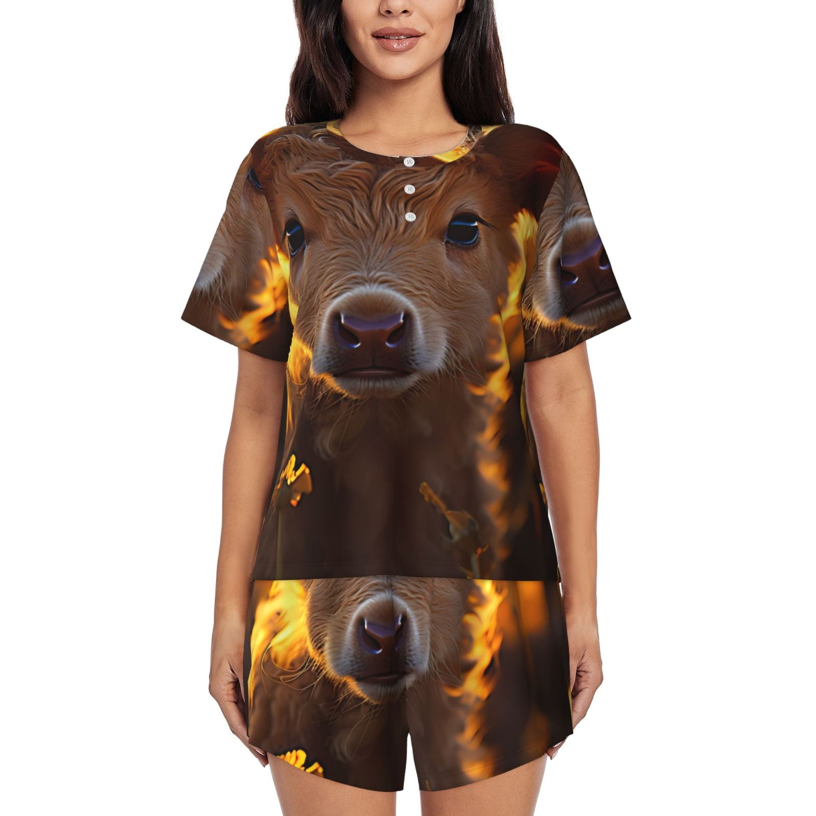 KLL Sunset Sunflower Cow Print Pajama Set for Women Short Sleeve ...