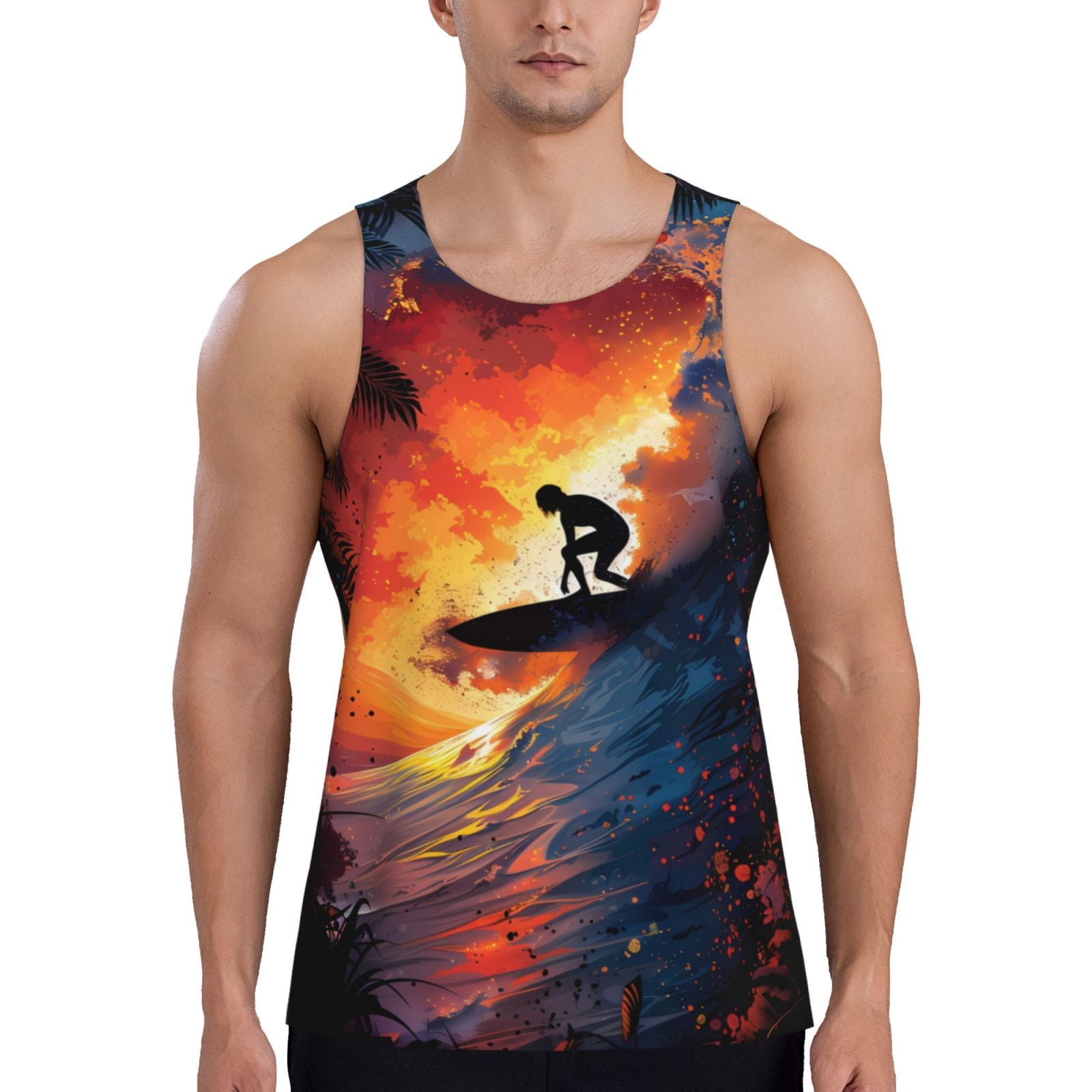 KLL Sunset Surfing Silhouette Print Men's Muscle Gym Workout Stringer ...