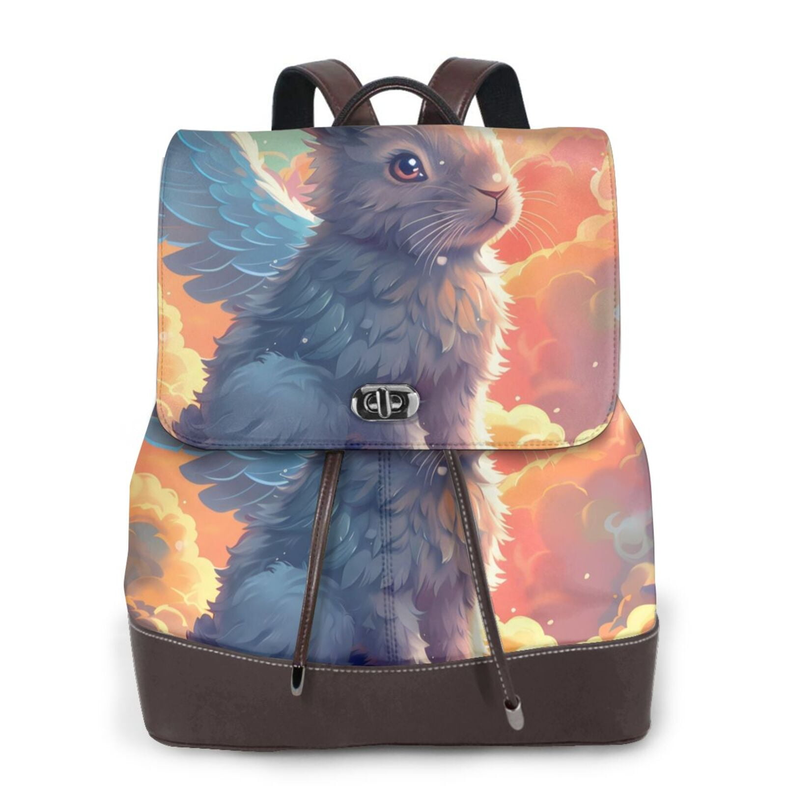 KLL Sunshine Winged Rabbit Print Leather Backpack,PU Leather Laptop ...