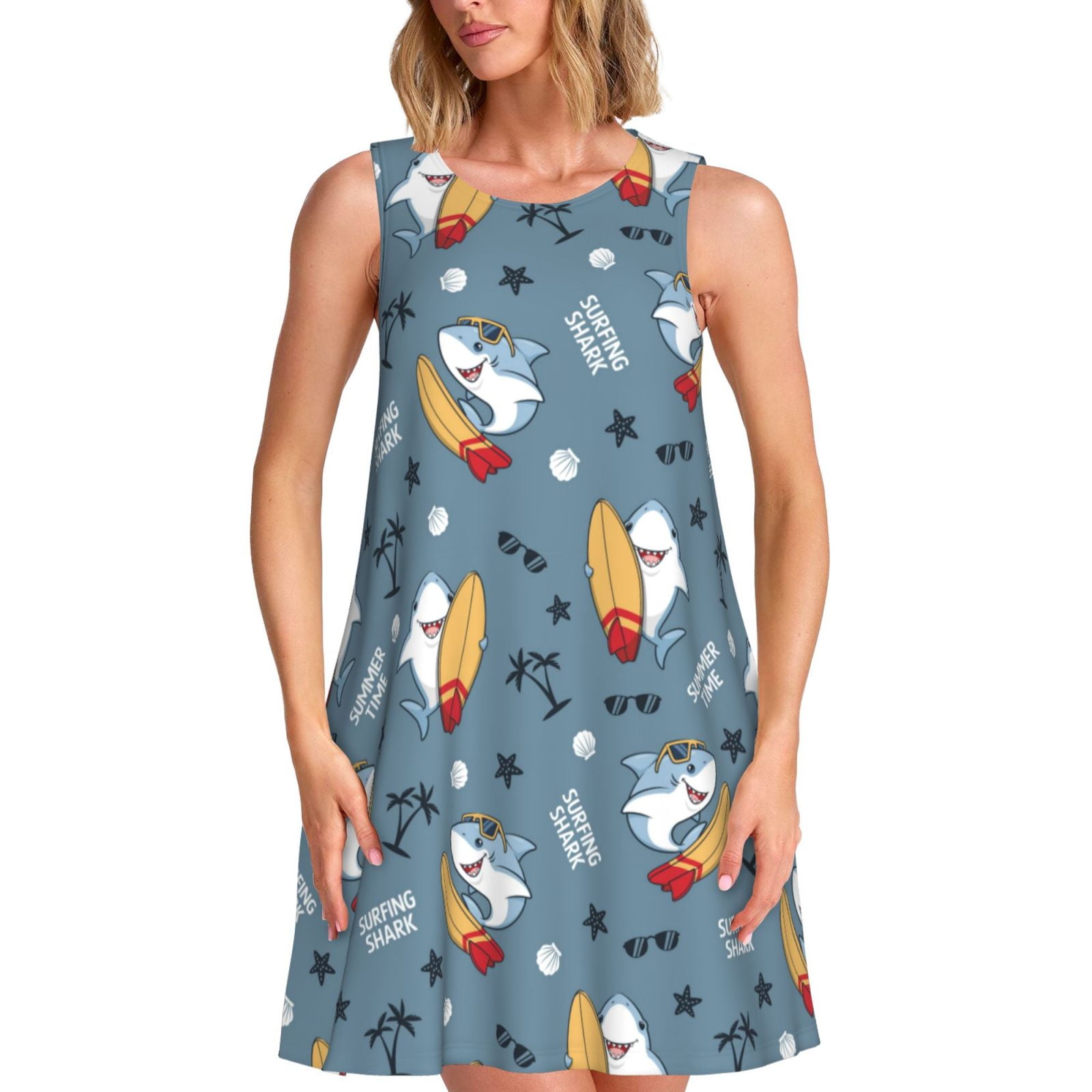KLL Surf Shark Pattern Womens Summer Dresses 2025,Loose Round Neck ...