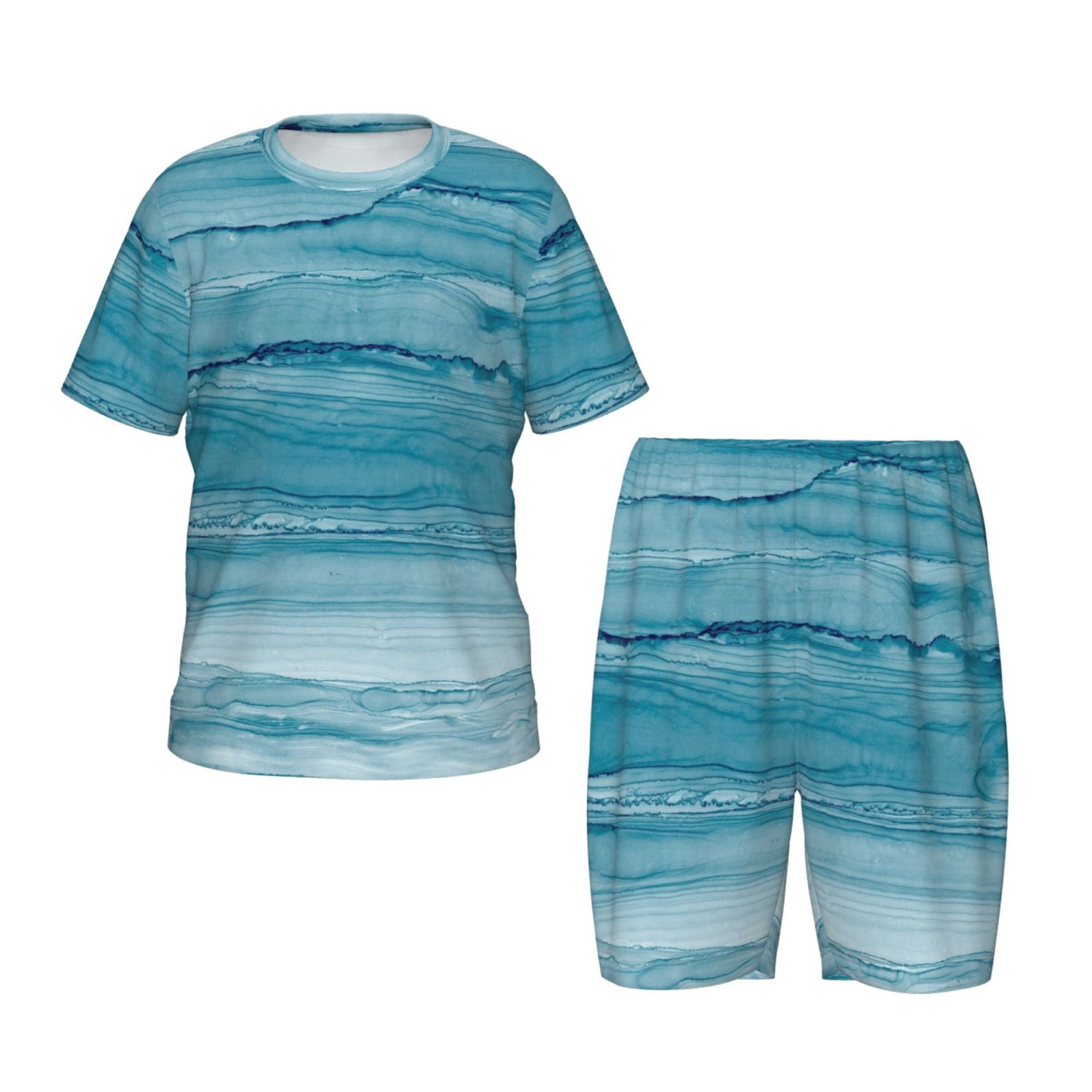 KLL Teal Turquoise Fluid Stripes Print Kids' Short-Sleeved Pajama Set ...