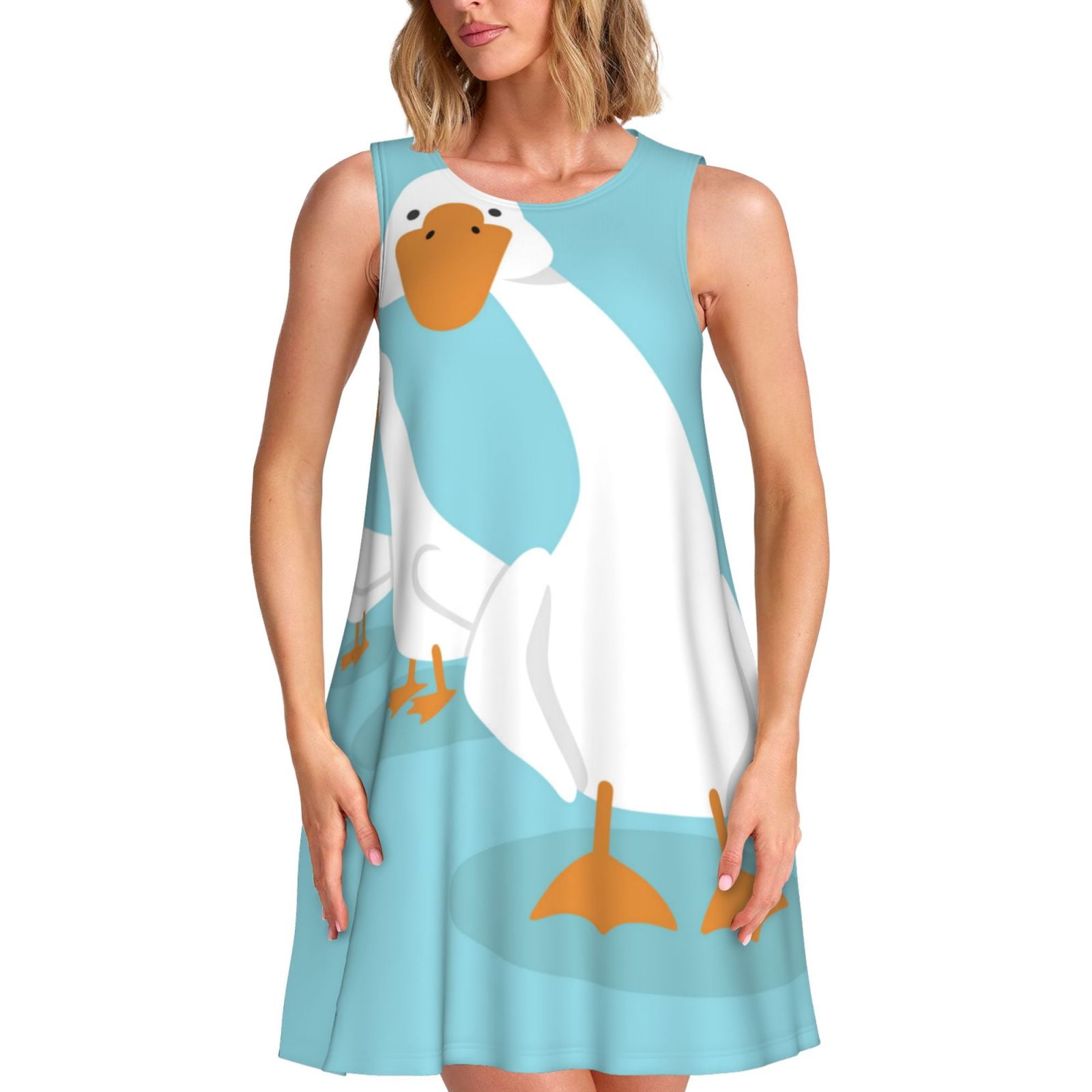 KLL Three White Geese Pattern Womens Summer Dresses 2025,Loose Round ...