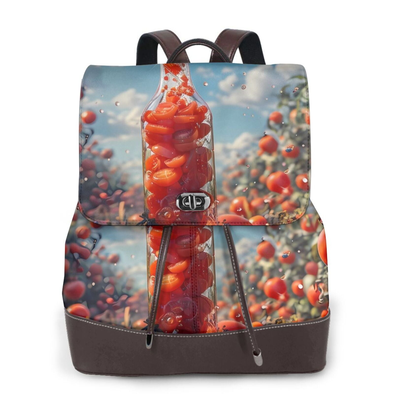 KLL Tomato Field Bottle Print Leather Backpack,PU Leather Laptop ...
