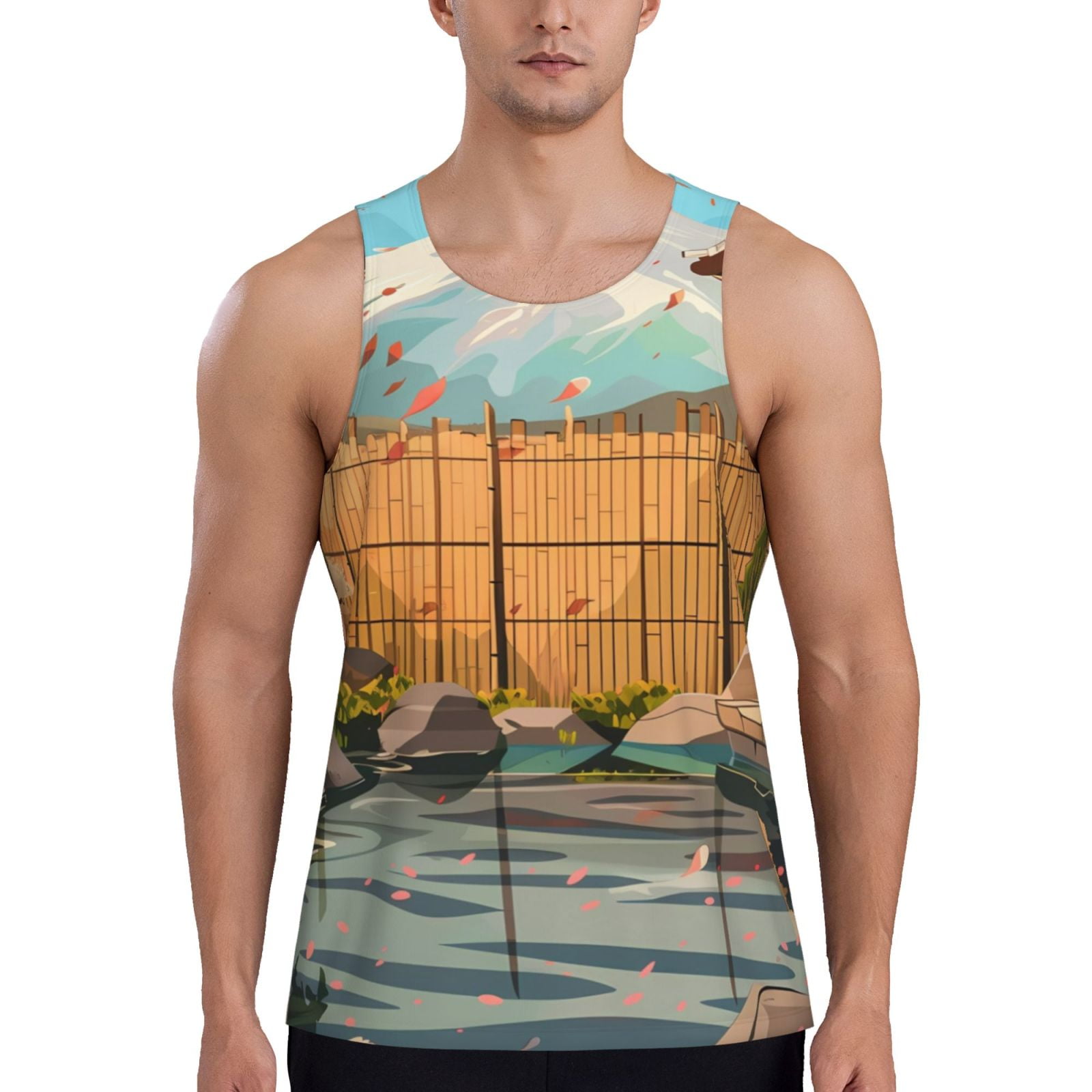 KLL Tranquil Garden Landscape Print Men's Muscle Gym Workout Stringer ...
