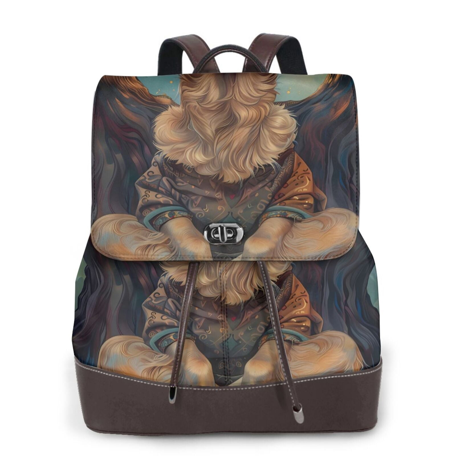 KLL Tree Meditating Golden Retriever Print Leather Backpack,PU Leather ...