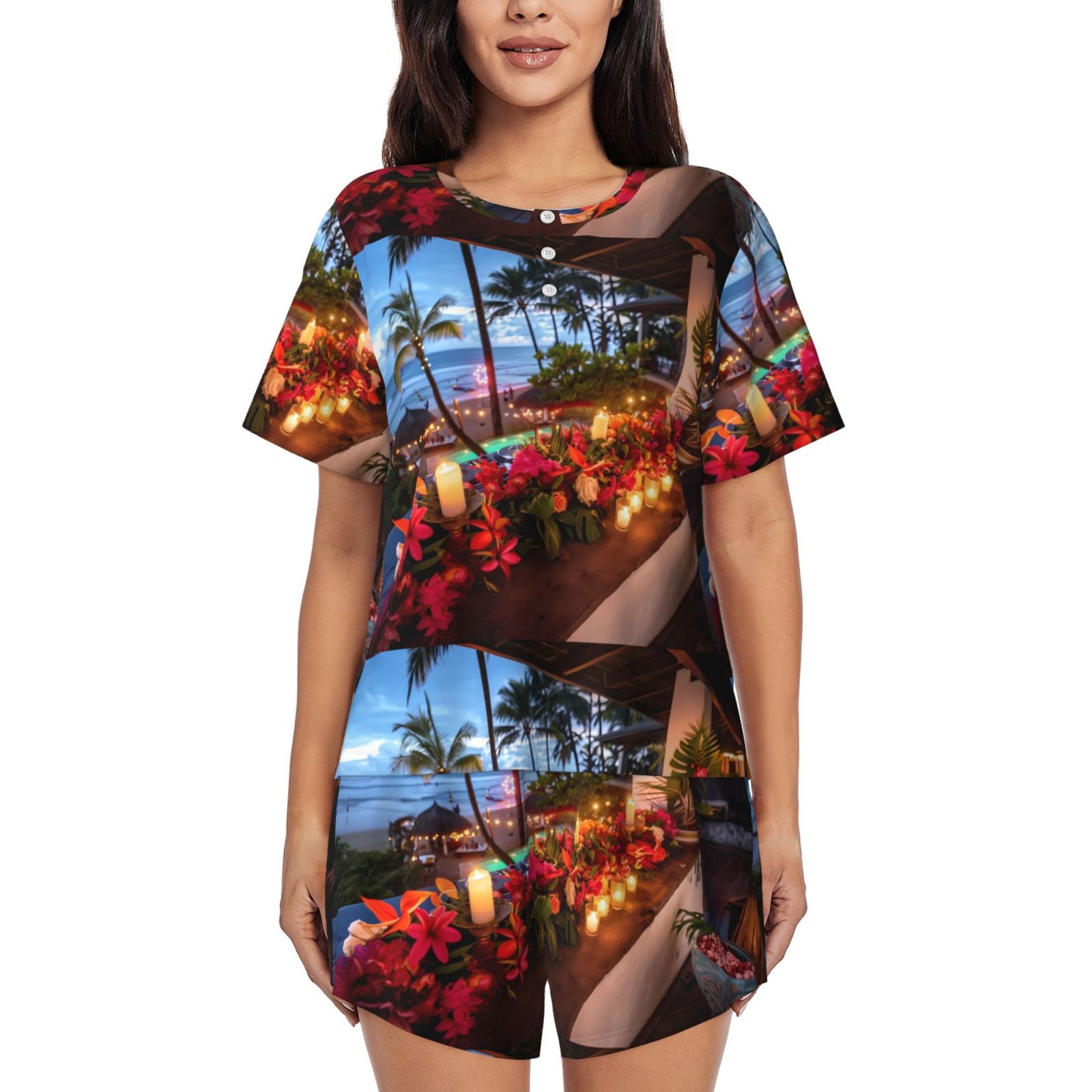 KLL Tropical Beach Candlelight Print Pajama Set for Women Short Sleeve ...
