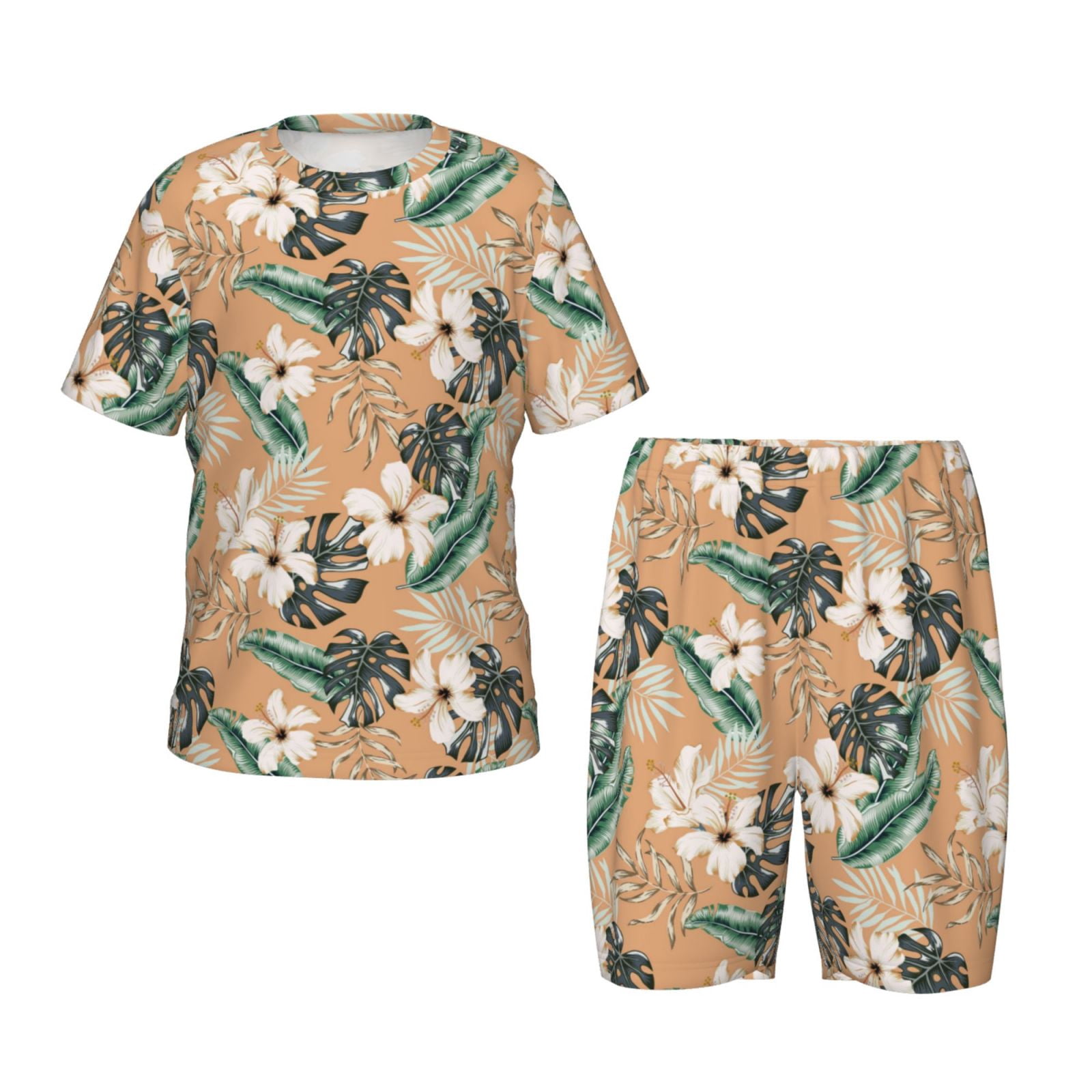 KLL Tropical Leaves Flower Print Kids' Short-Sleeved Pajama Set,Soft ...