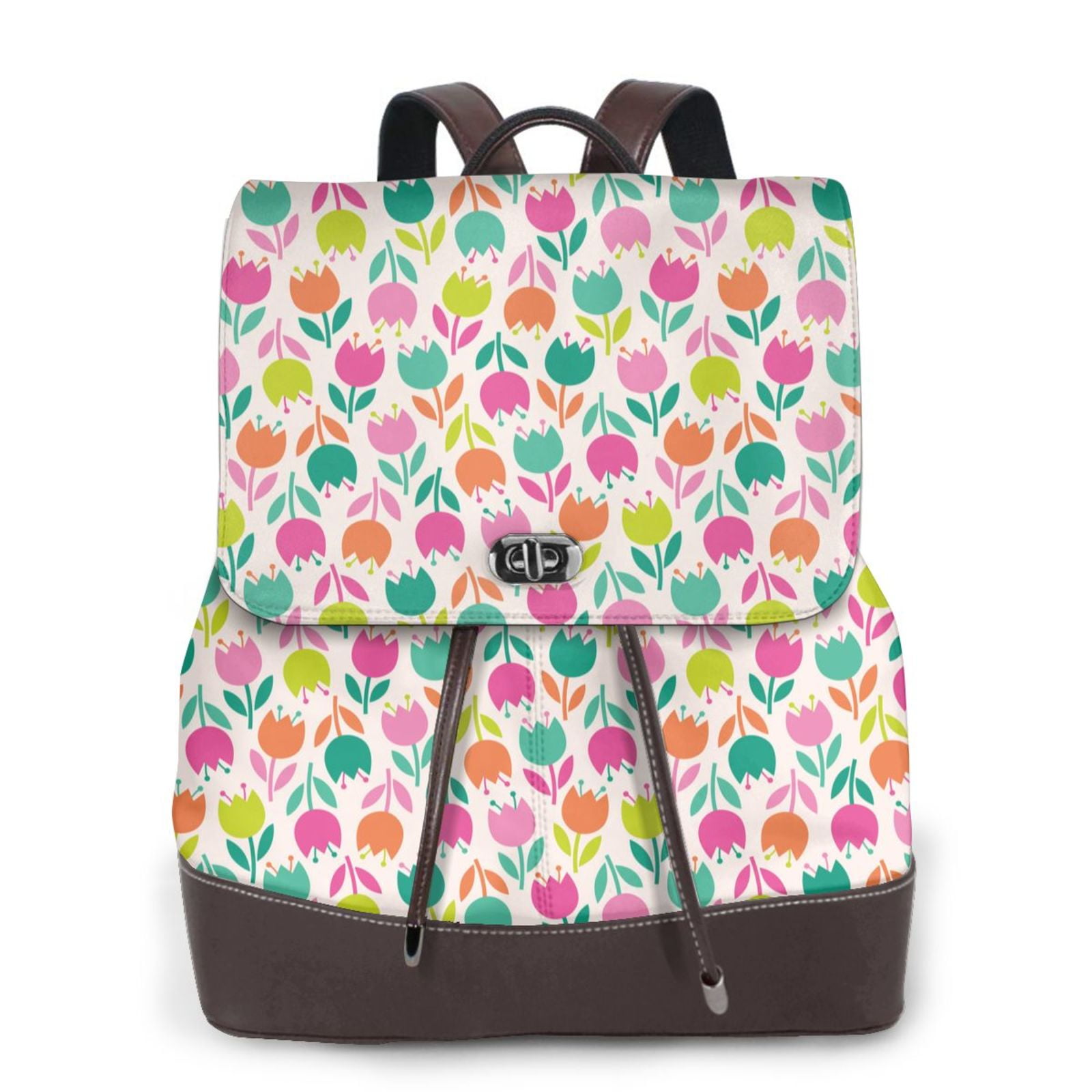 KLL Tulips Flowers Print Leather Backpack,PU Leather Laptop Backpack ...